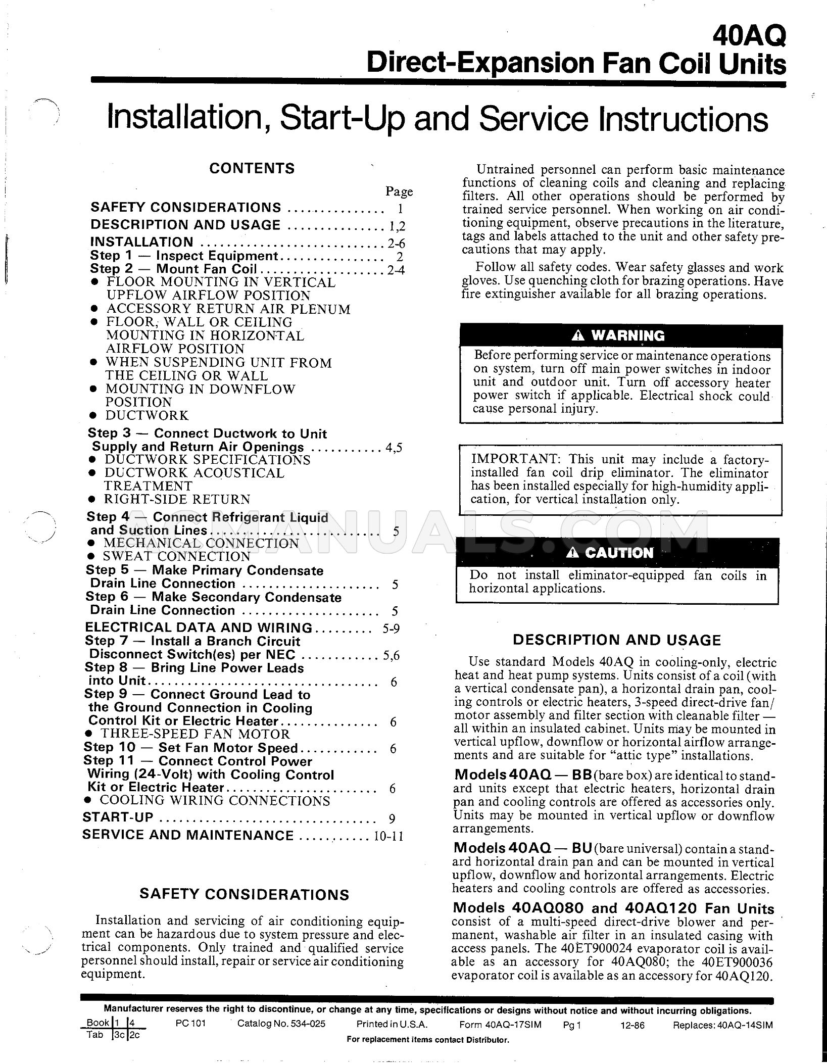 Carrier 40AQ030 40AQ Installation, Start-Up and Service Instructions