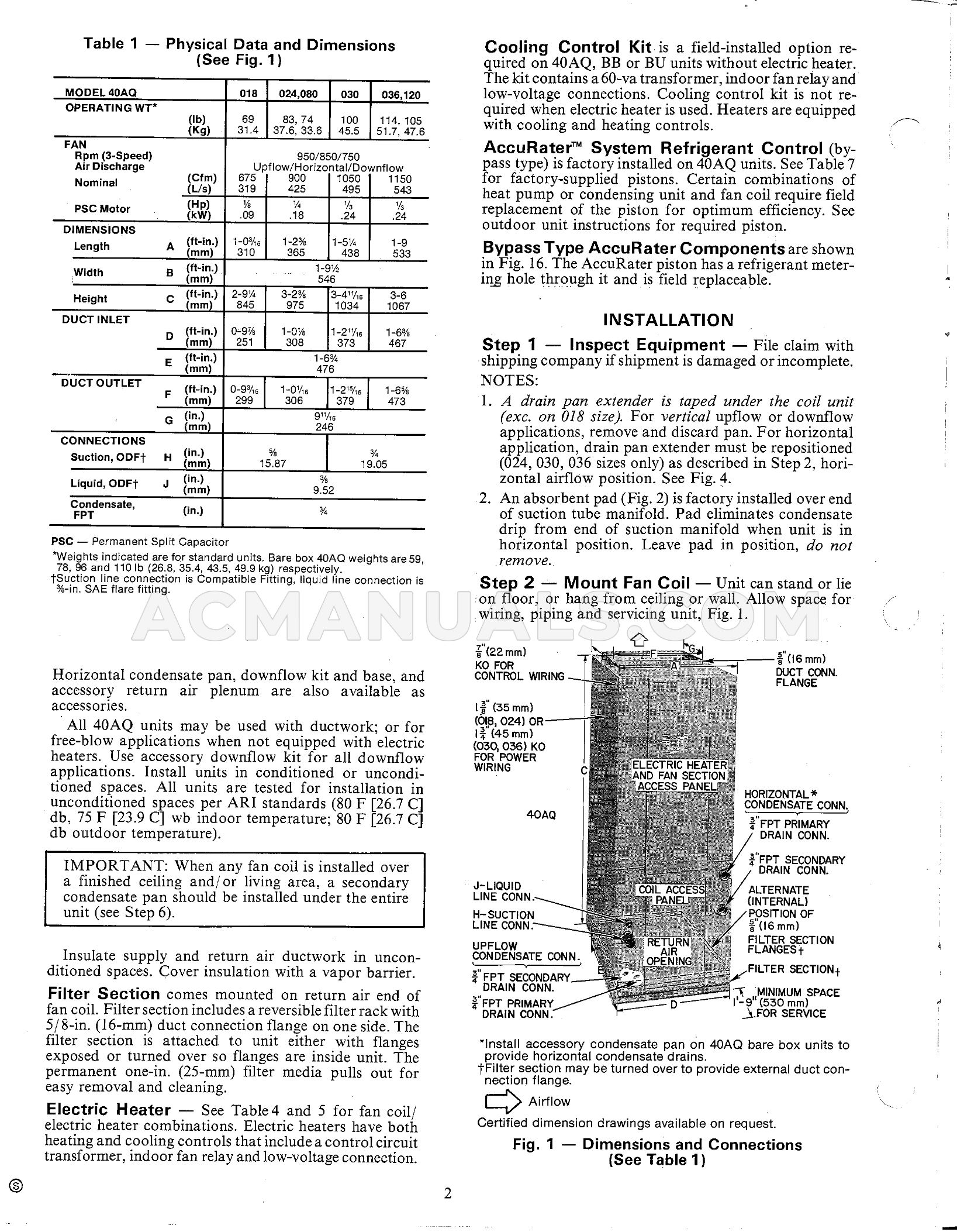 Carrier 40AQ030 40AQ Installation, Start-Up and Service Instructions