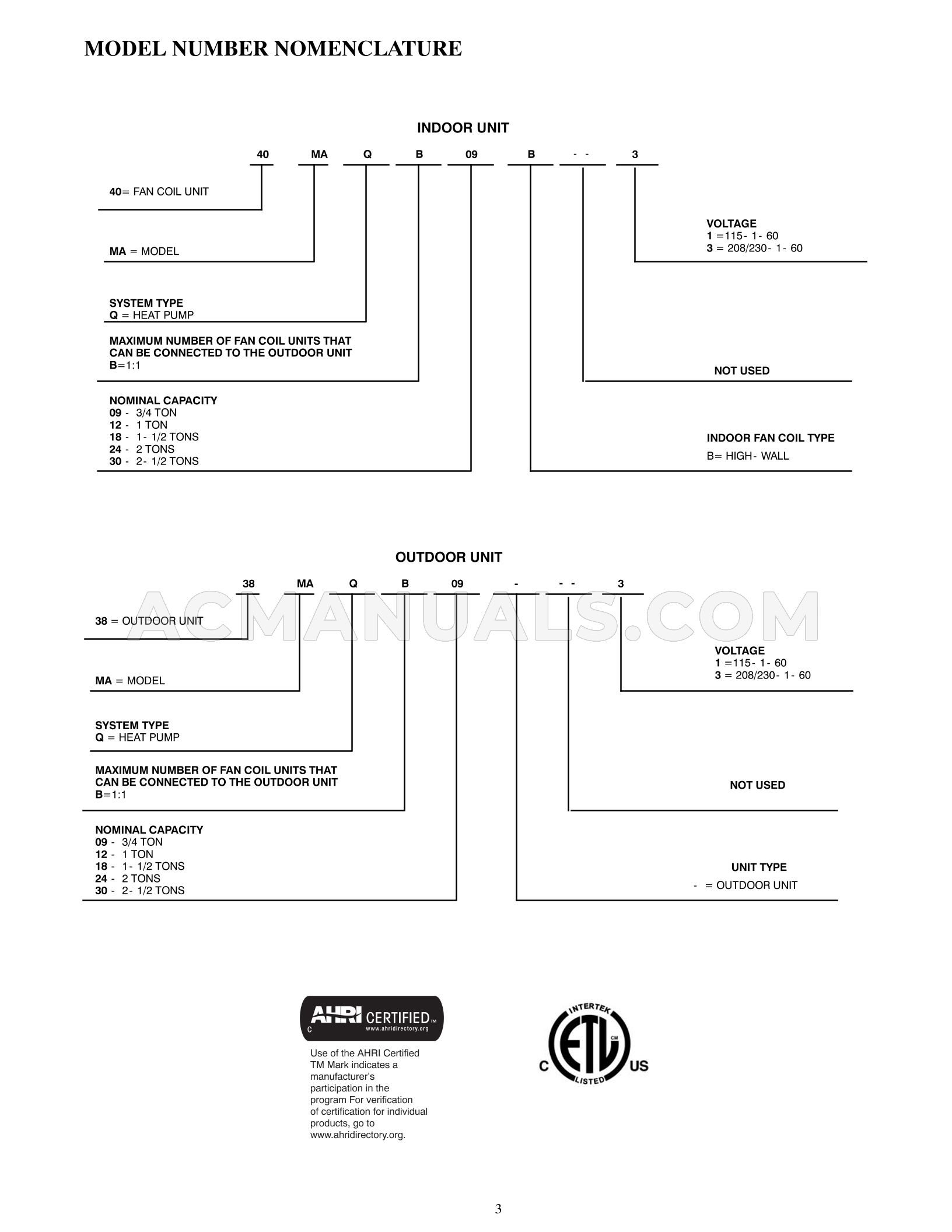Carrier 40MAHBQ12XA3 Spec Sheet