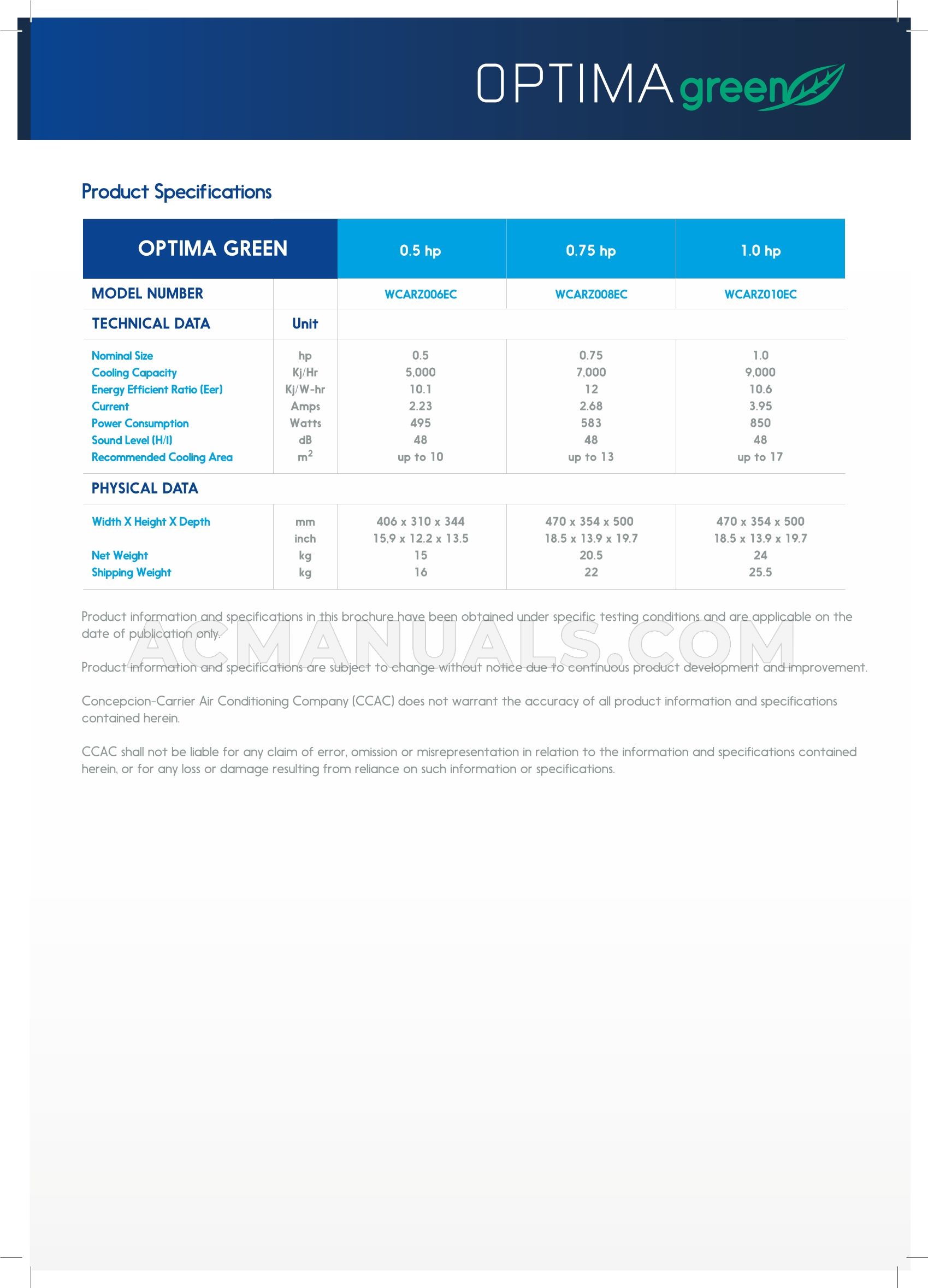 Carrier WCARZ006EC Optima Green Consumer Brochure and Specs