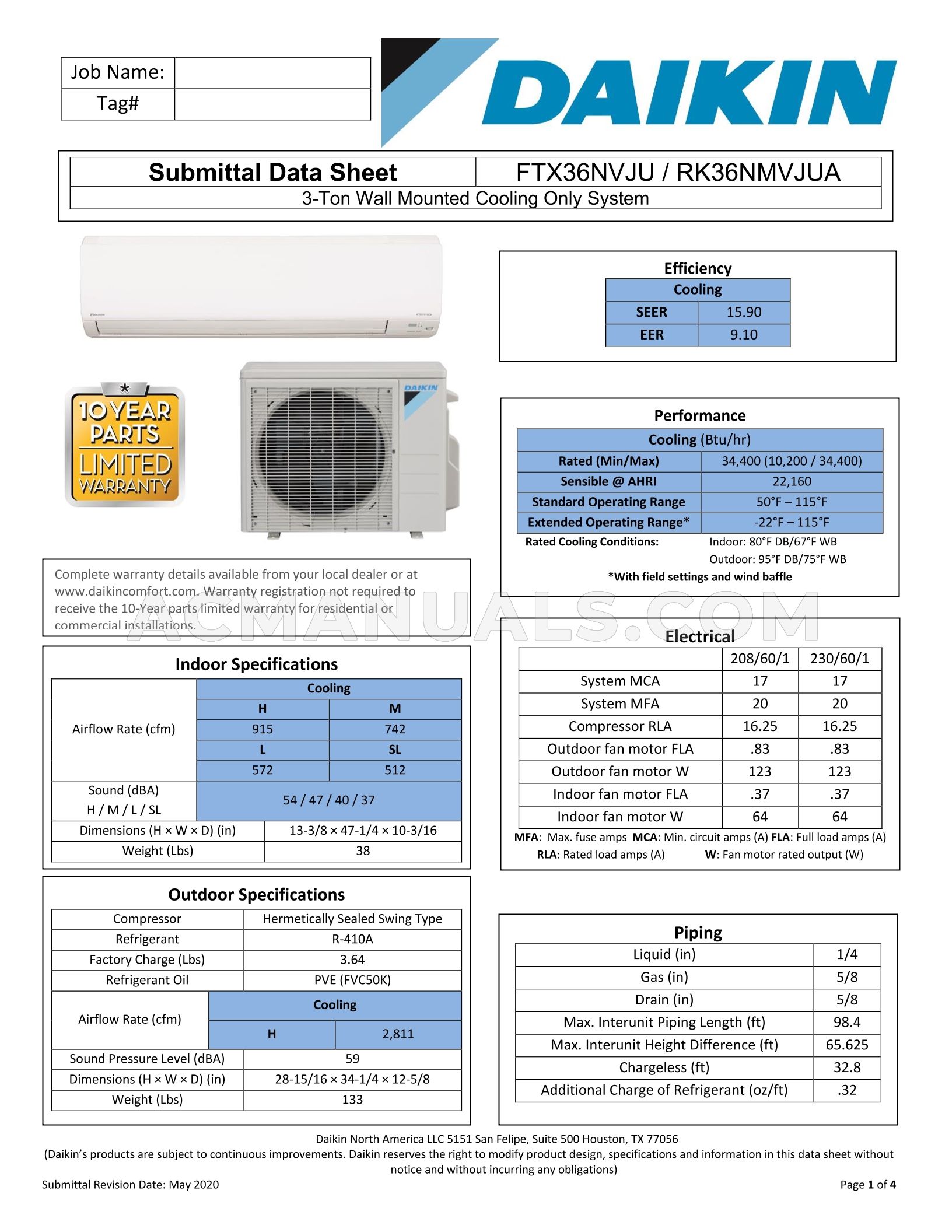 Daikin 1309408 Spec Sheet
