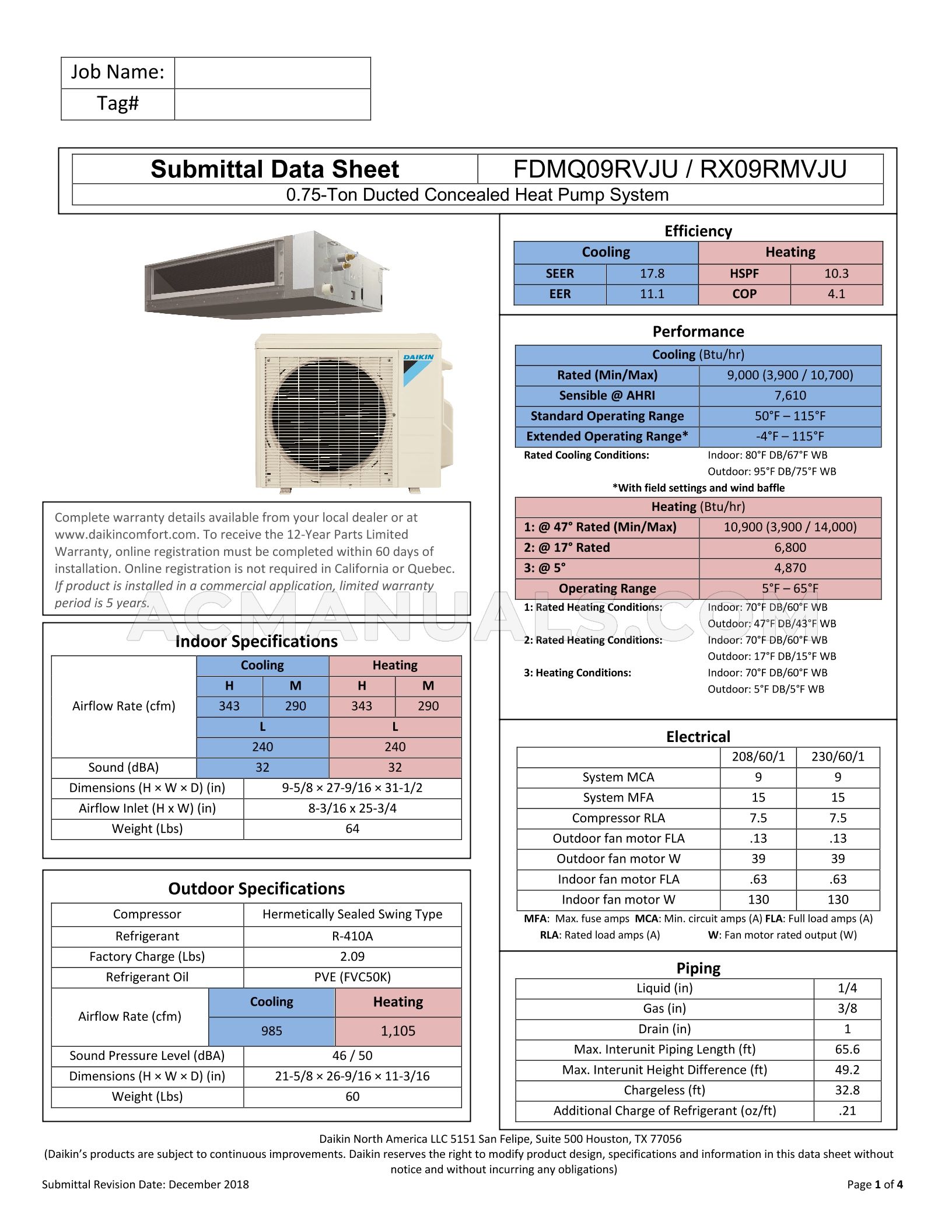 Daikin 1310021 Spec Sheet