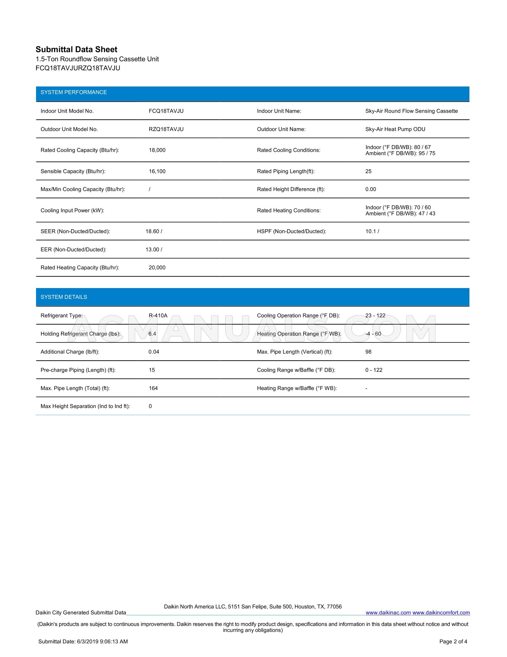 Daikin FCQ18TAVJU SkyAir Spec Sheet Heat Pump