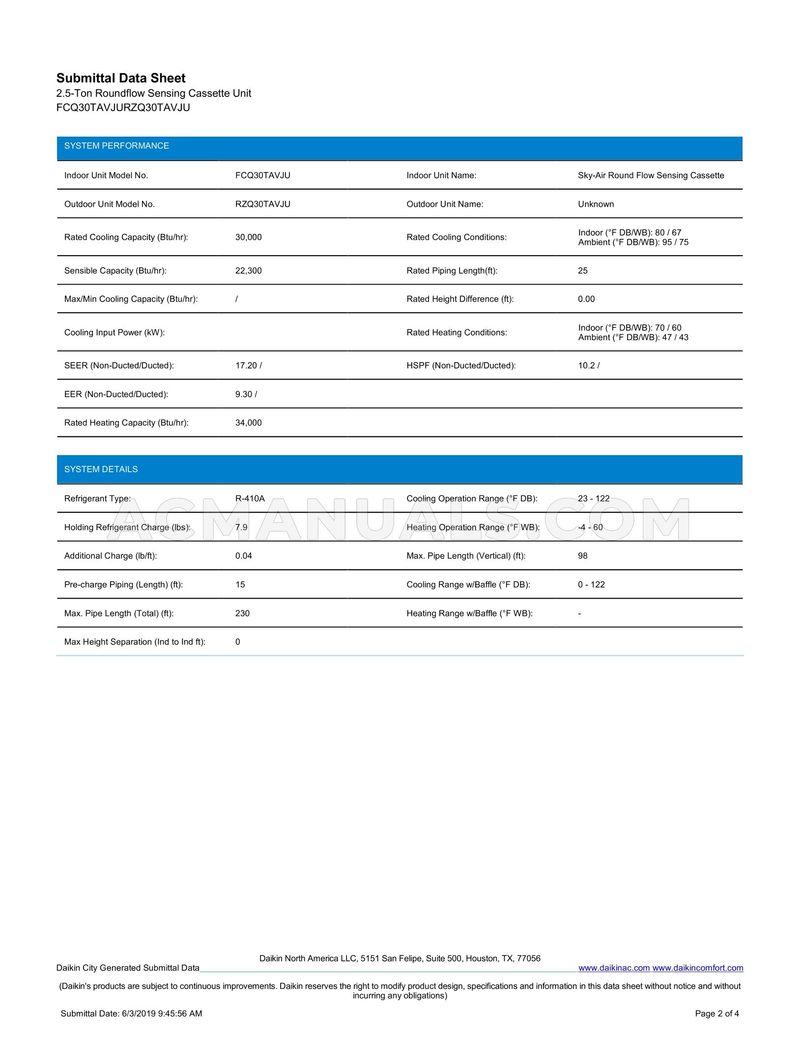 Daikin FCQ30TAVJU SkyAir Spec Sheet Heat Pump