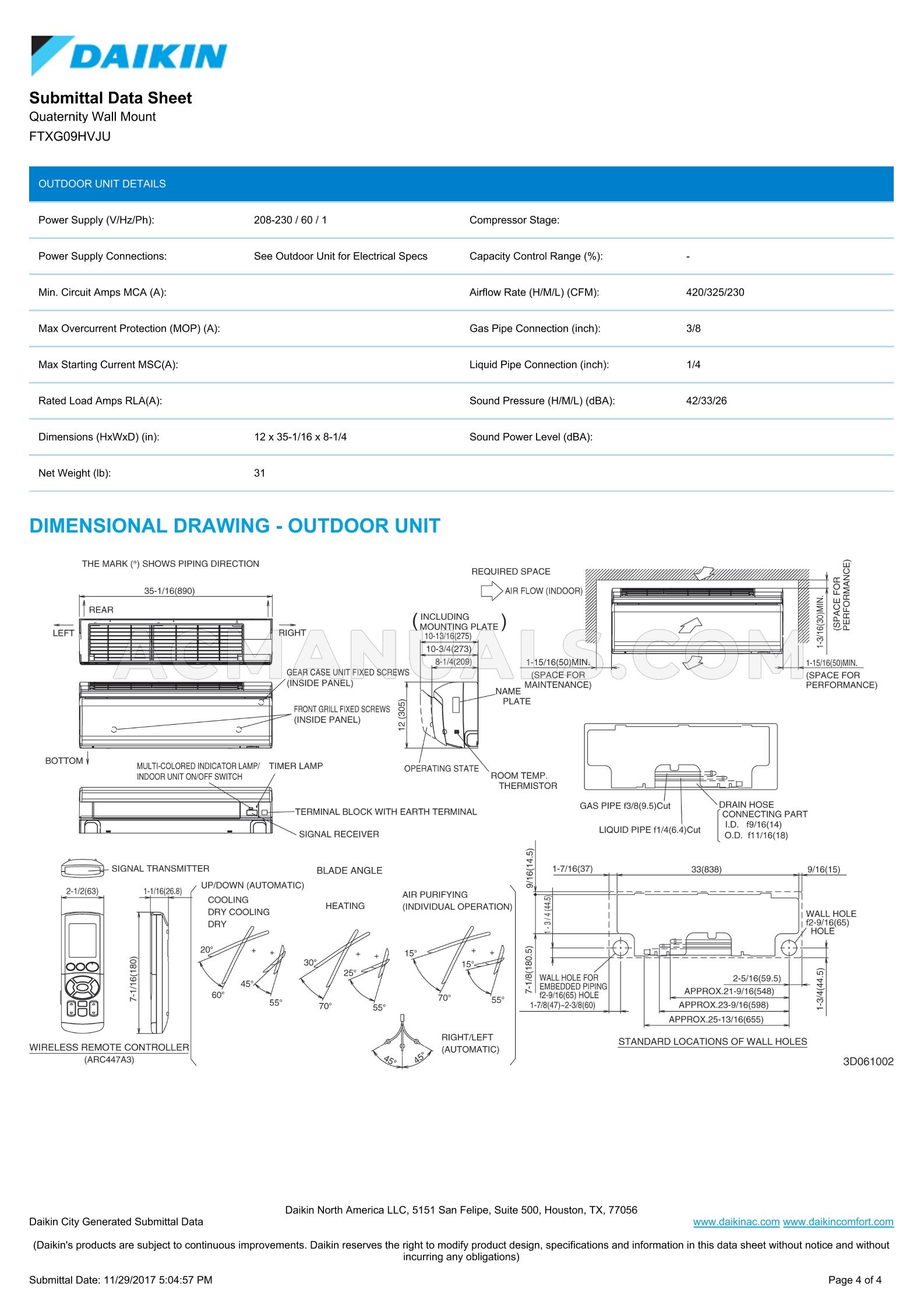 Daikin 1311427 Spec Sheet