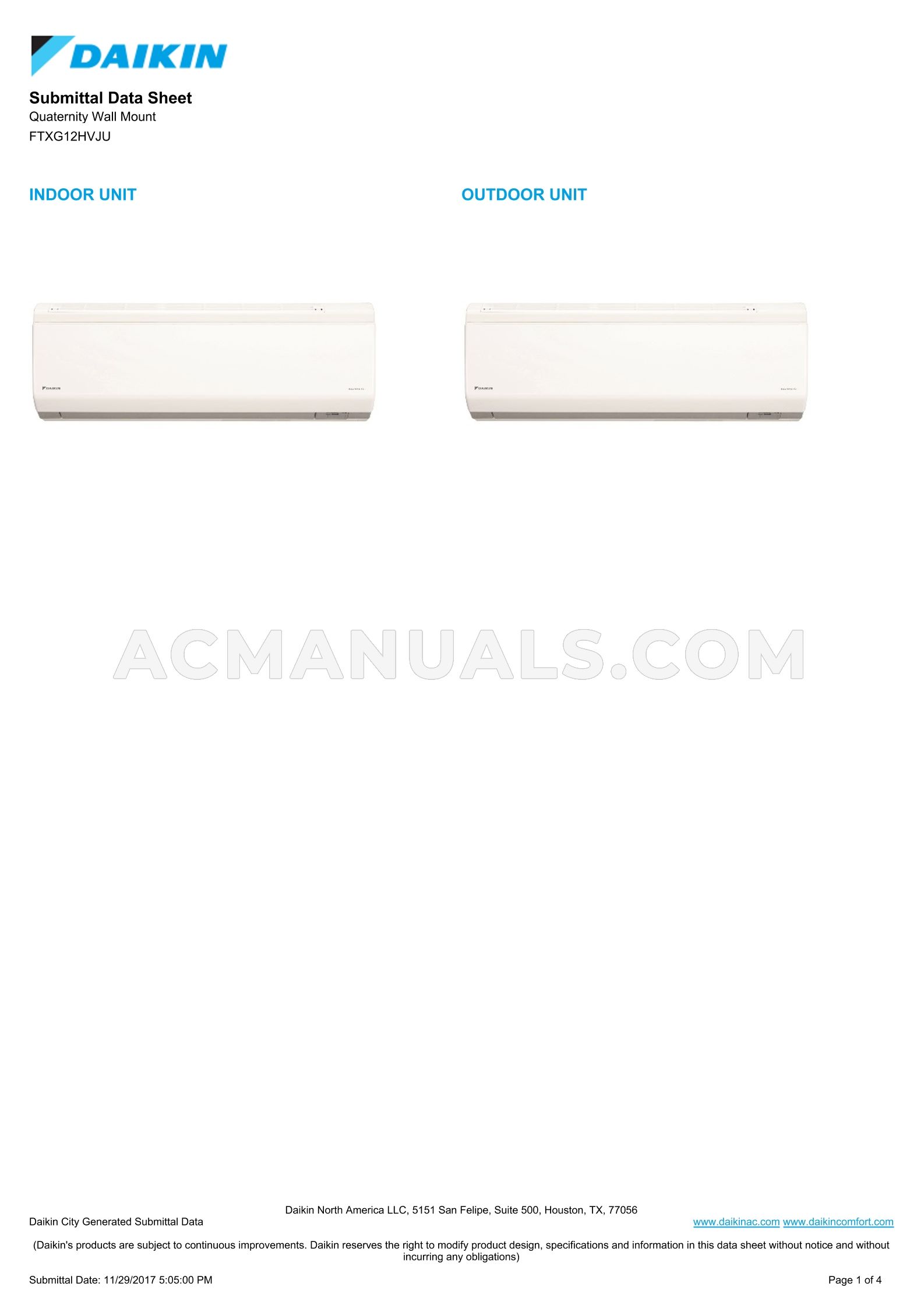 Daikin 1311429 Spec Sheet