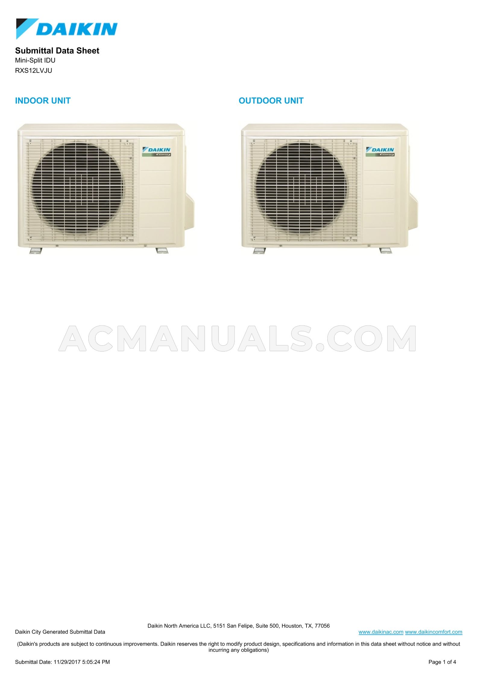 Daikin RXS12LVJU LV Series Spec Sheet