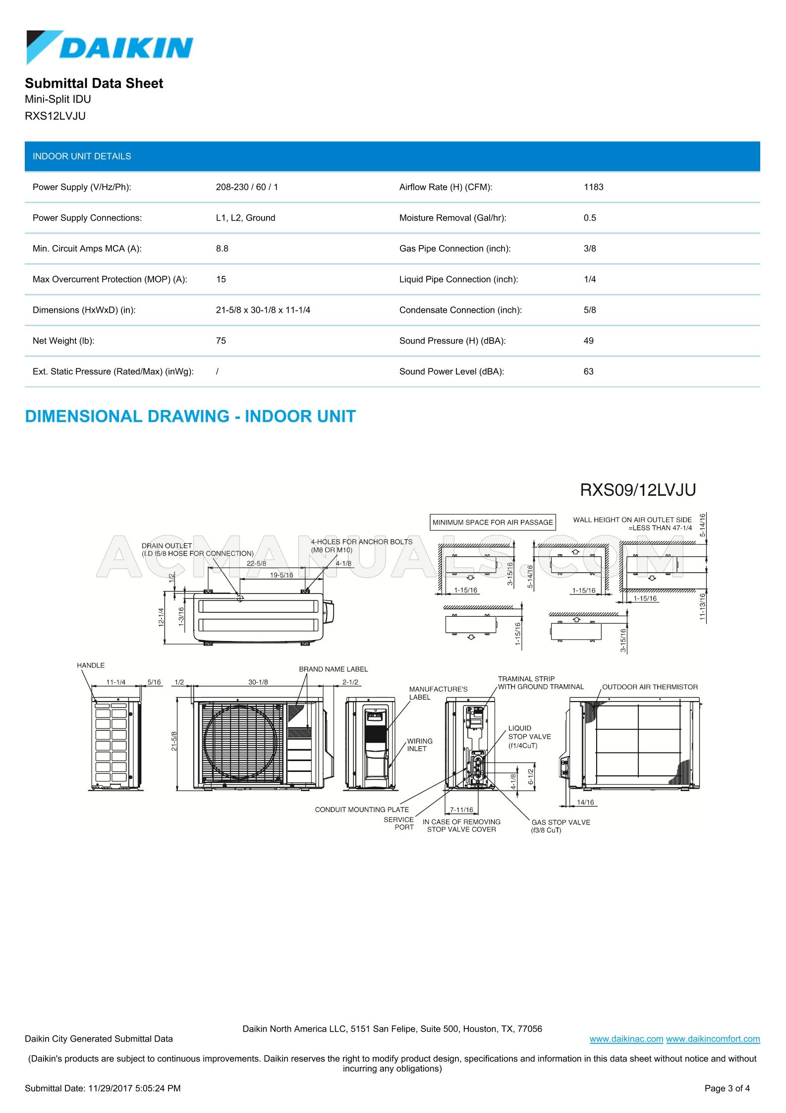 Daikin 1311439 Spec Sheet