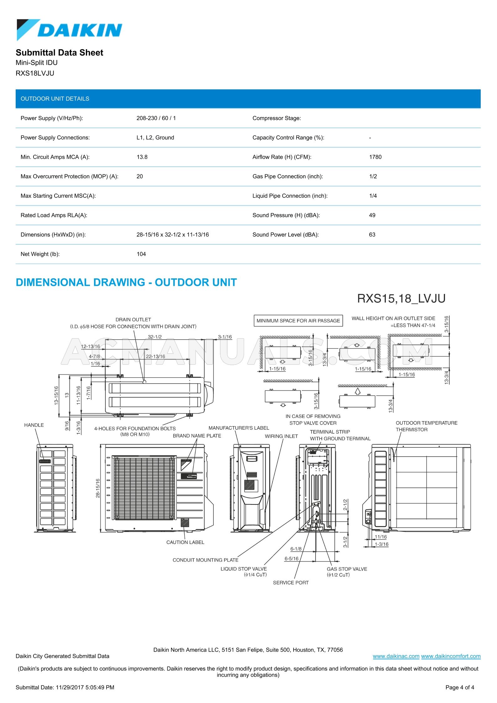 Daikin 1311442 Spec Sheet