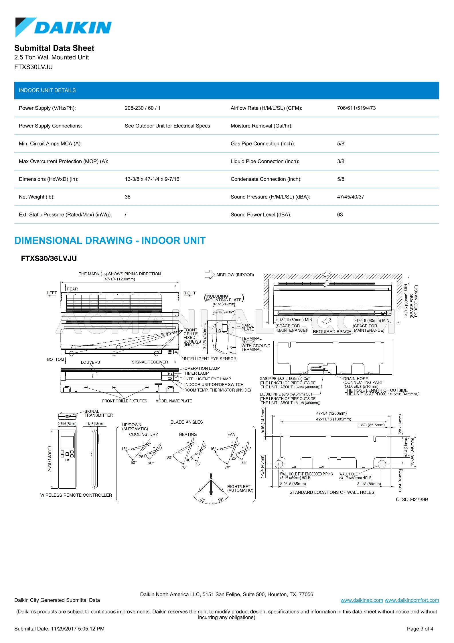 Daikin 1311450 Spec Sheet