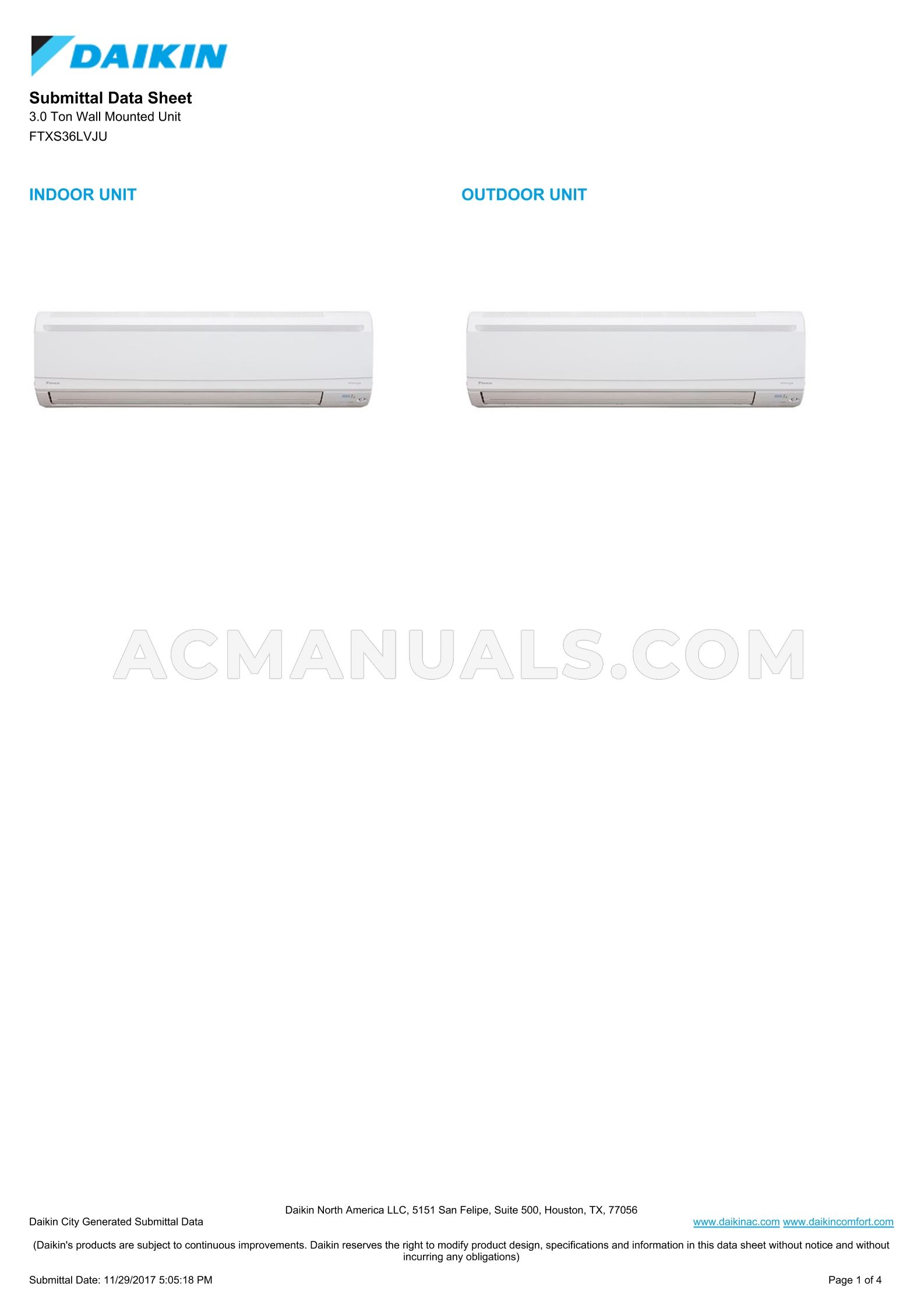 Daikin 1311451 Spec Sheet