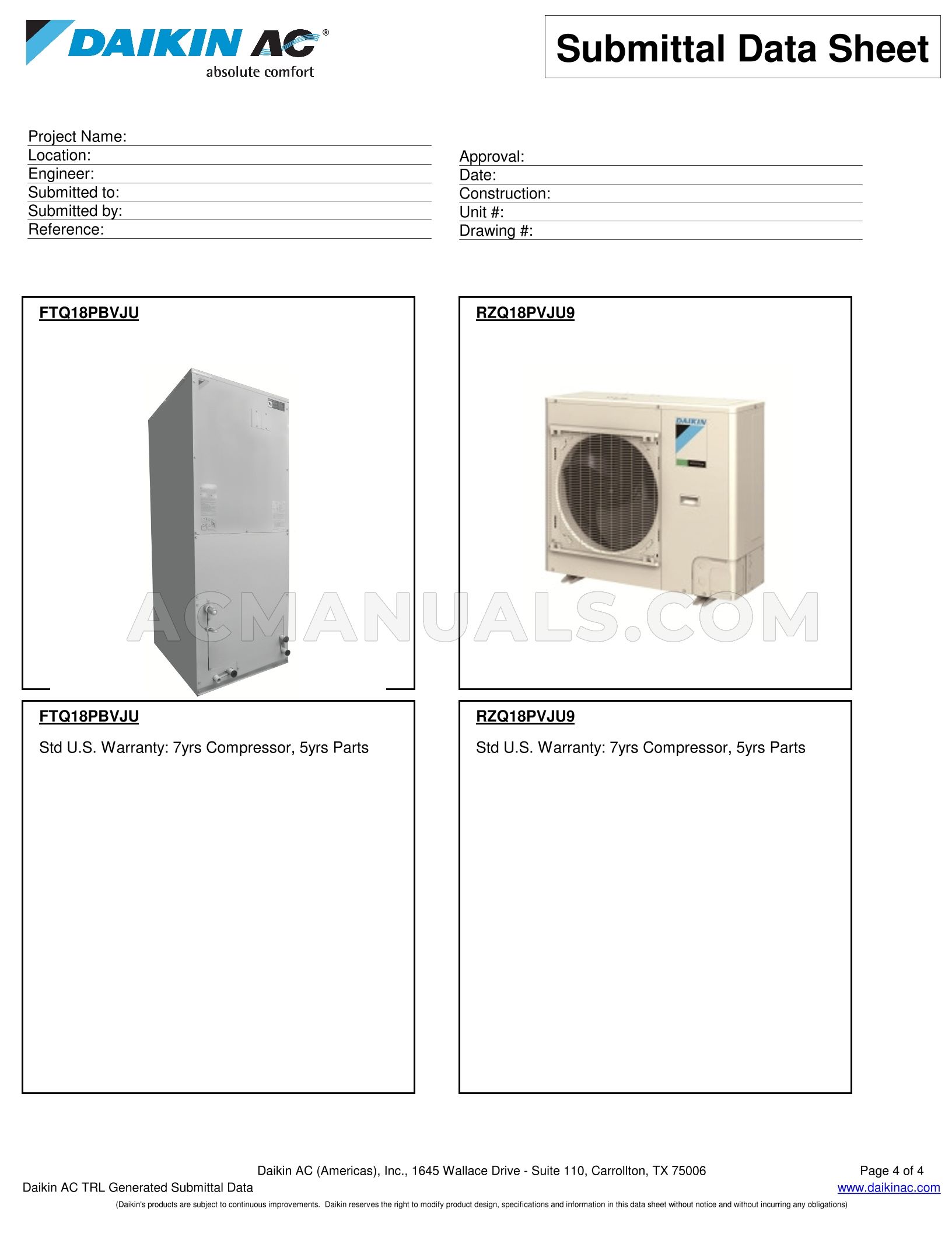 Daikin 1315065 Spec Sheet
