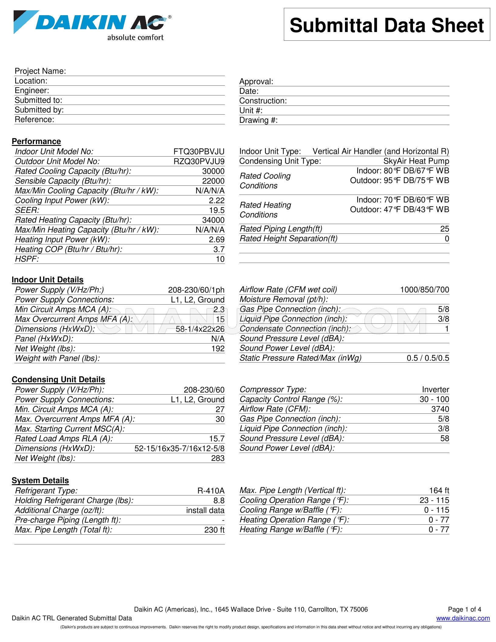 Daikin 1315070 Spec Sheet
