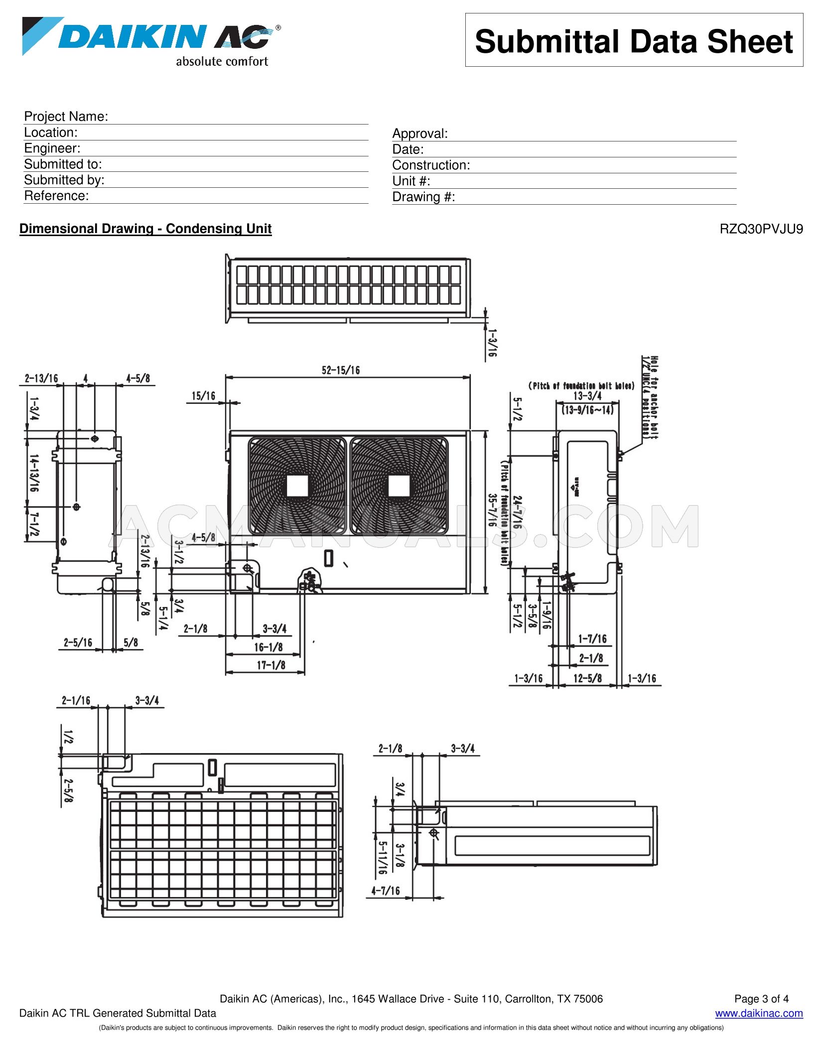 Daikin 1315070 Spec Sheet