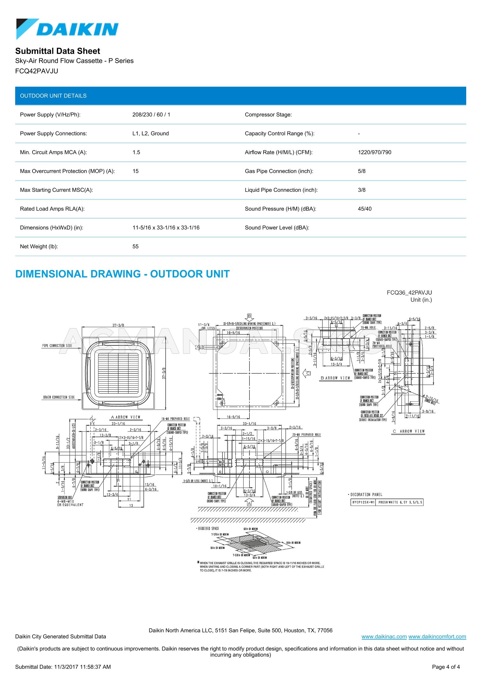 Daikin 1315073 Spec Sheet