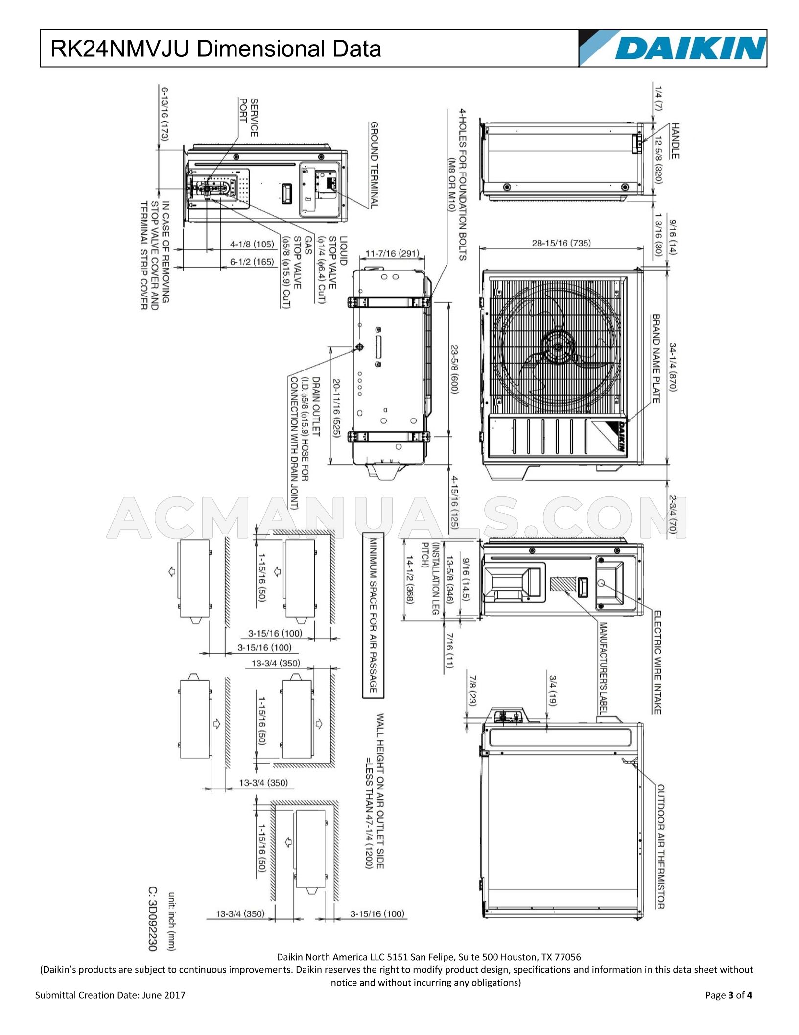 Daikin RK24NMVJU Spec Sheet