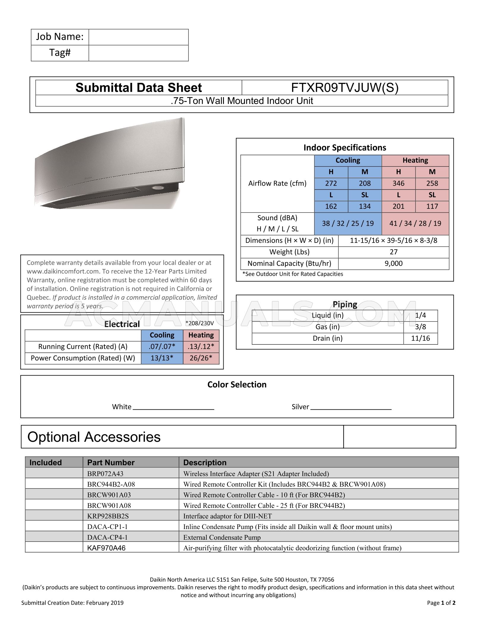Daikin 1316469 Spec Sheet