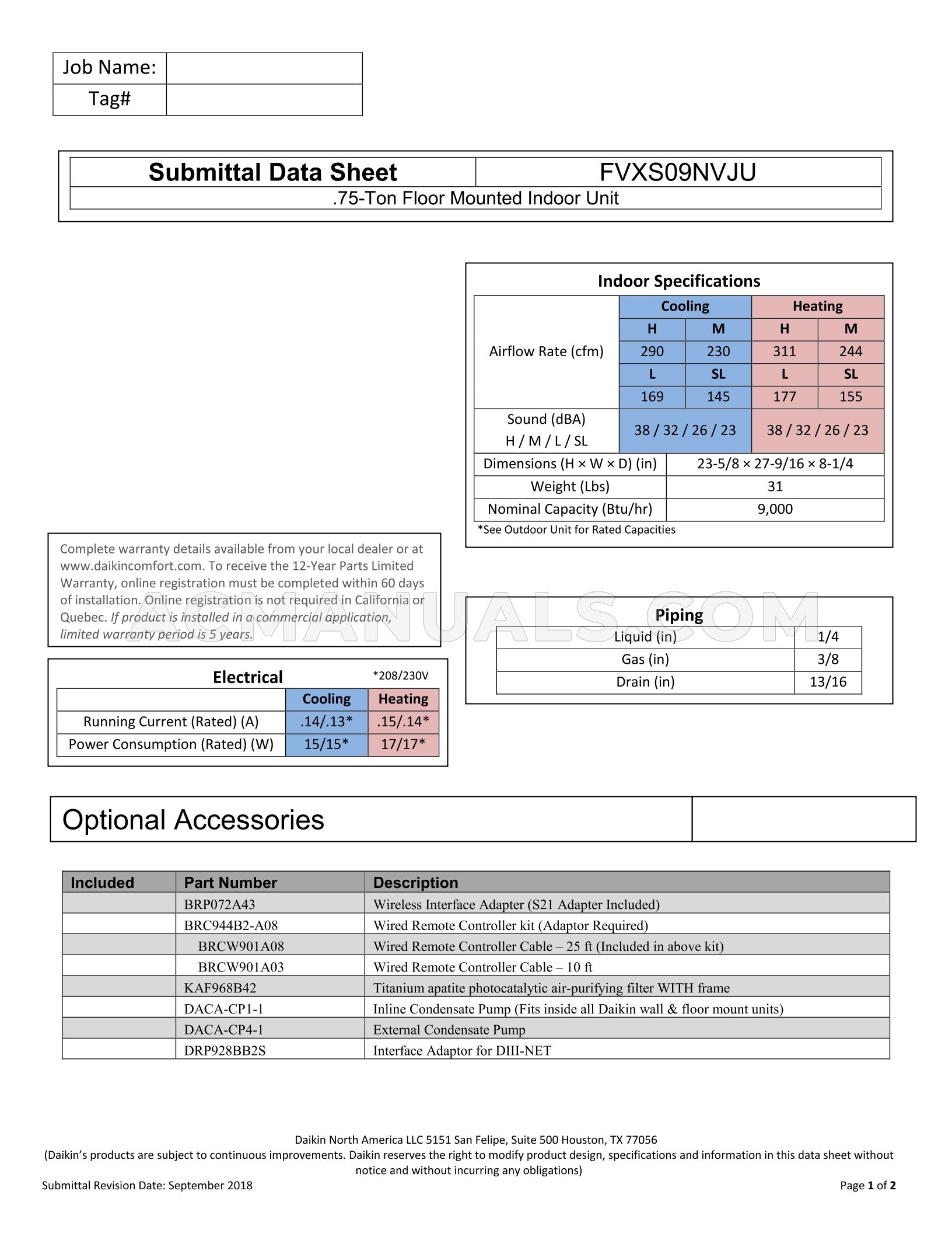 Daikin 1316491 Spec Sheet