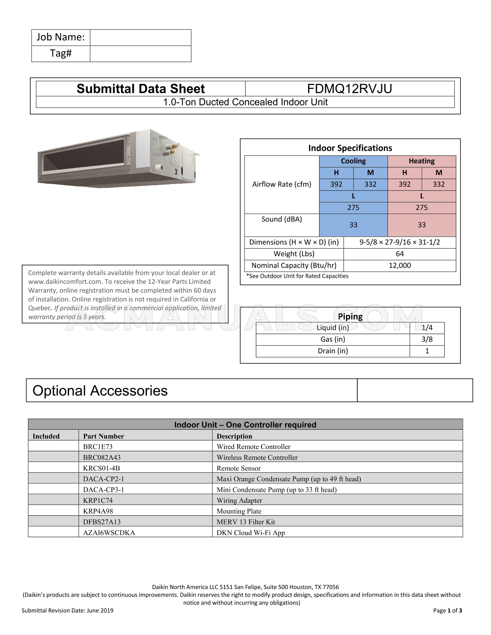 Daikin 1316494 Spec Sheet