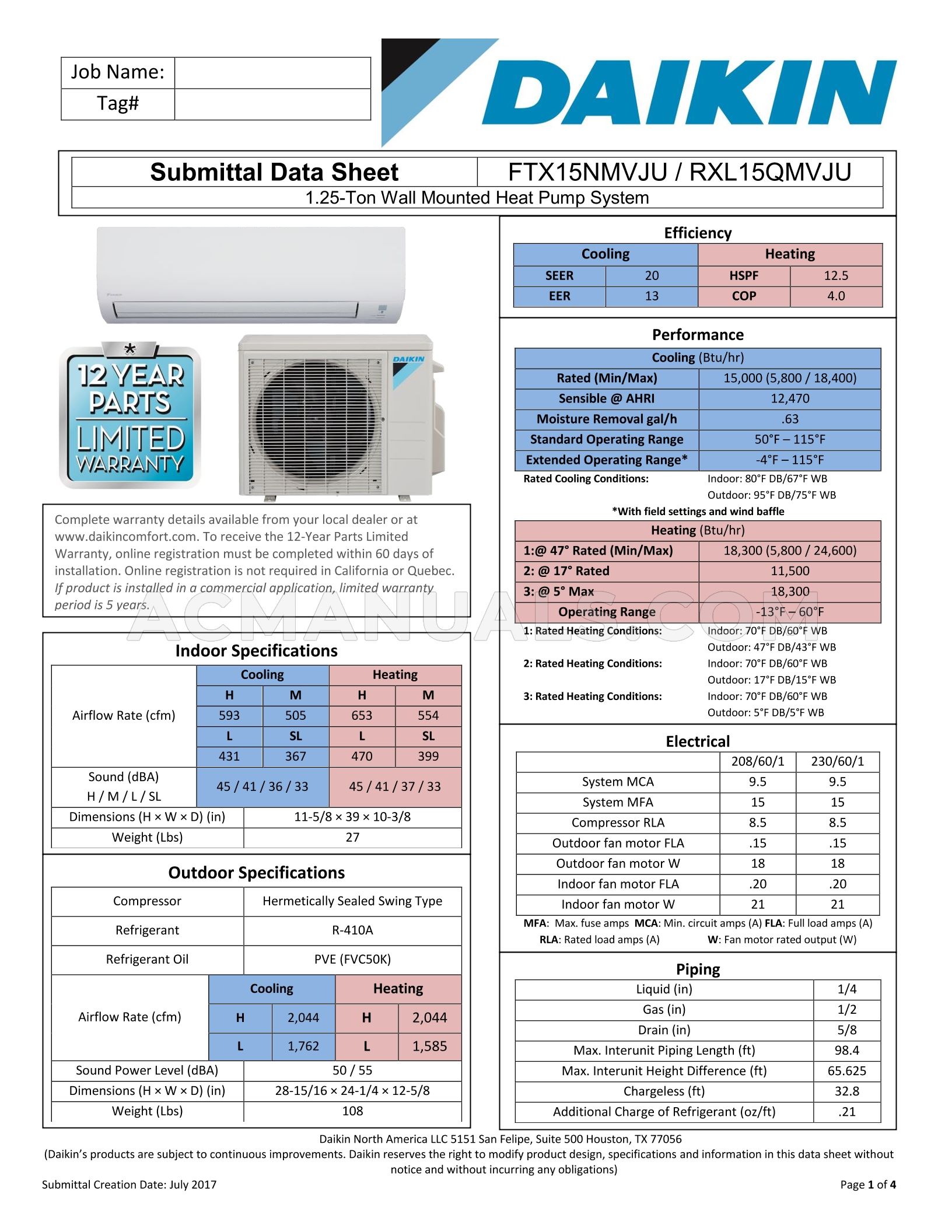 Daikin 1316524 Spec Sheet