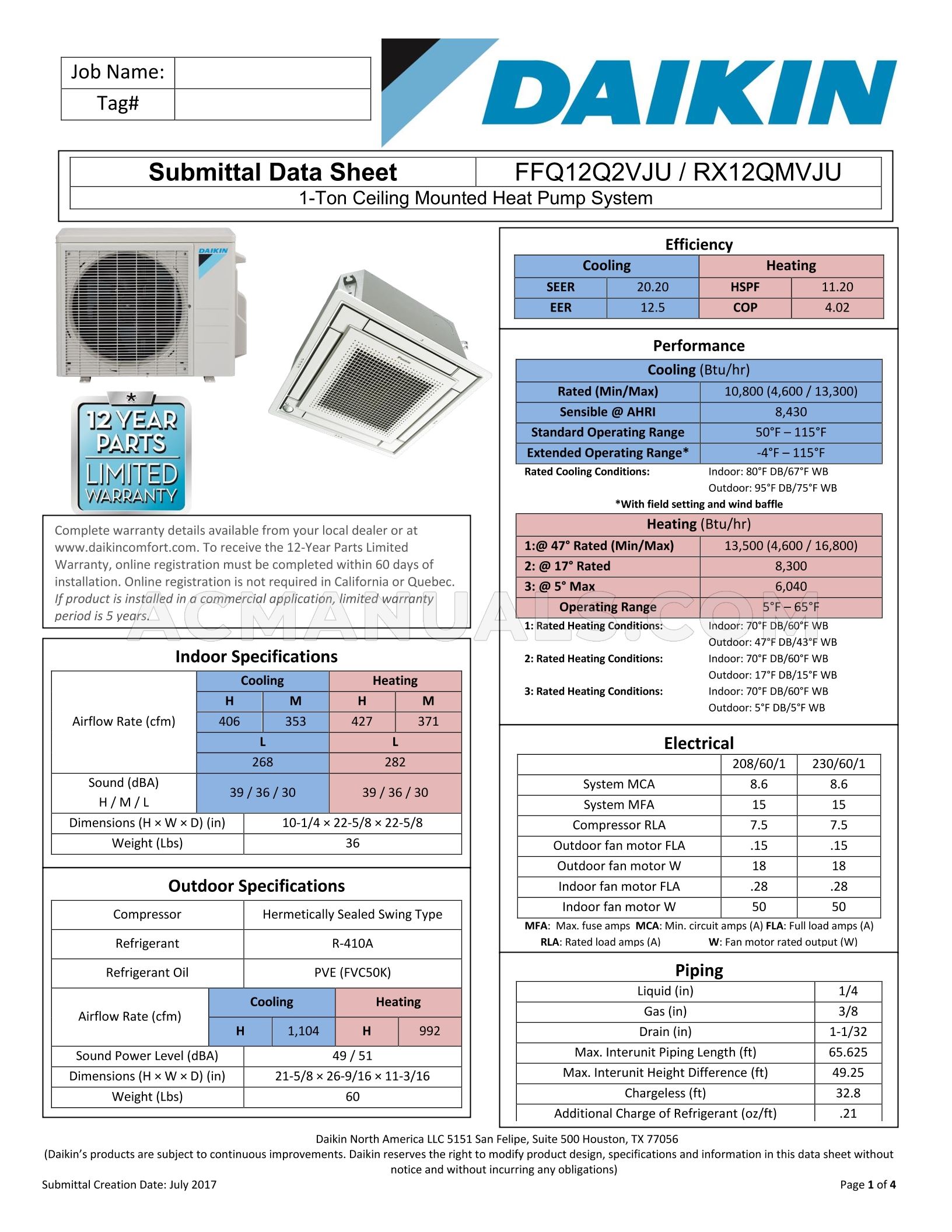 Daikin RX12QMVJU Spec Sheet