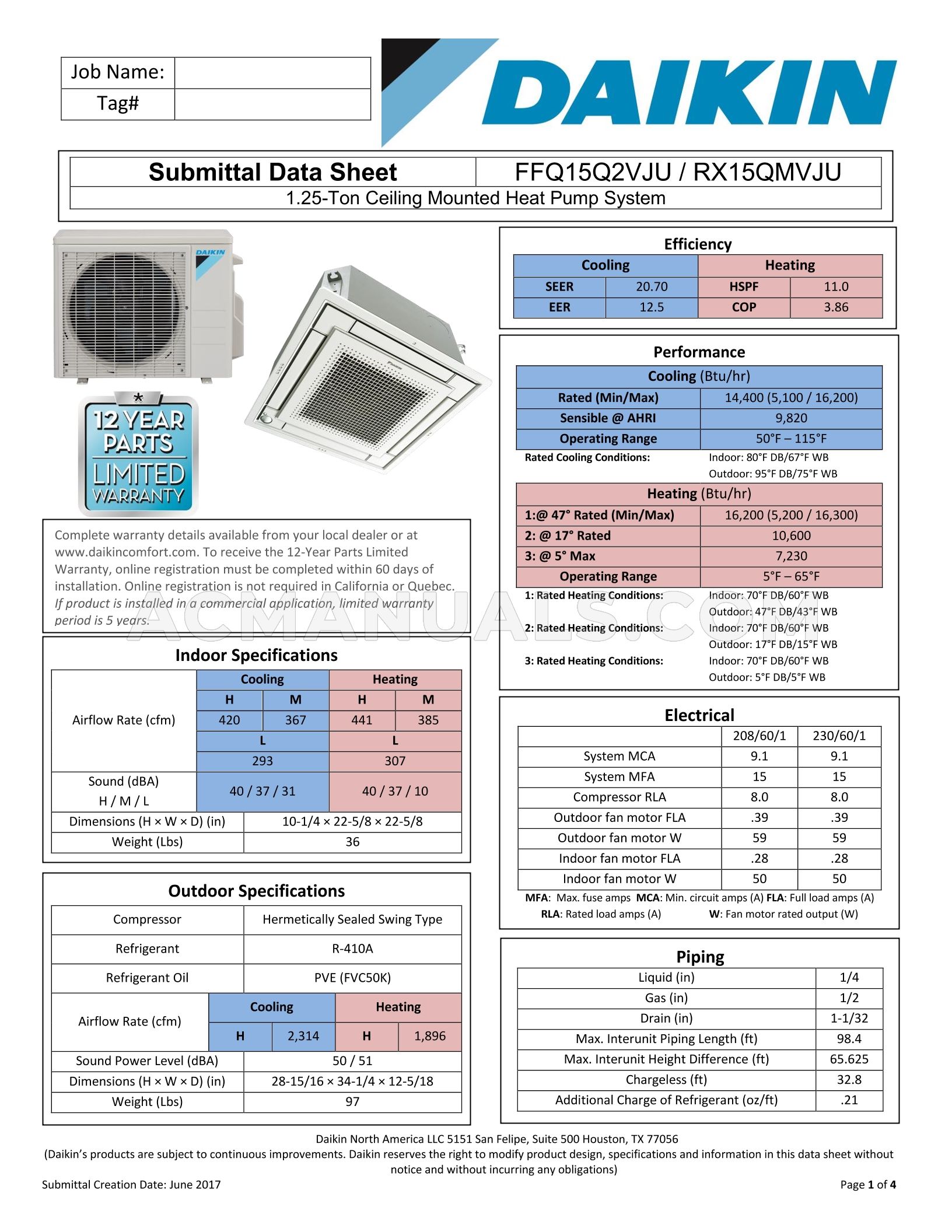 Daikin 1316562 Spec Sheet