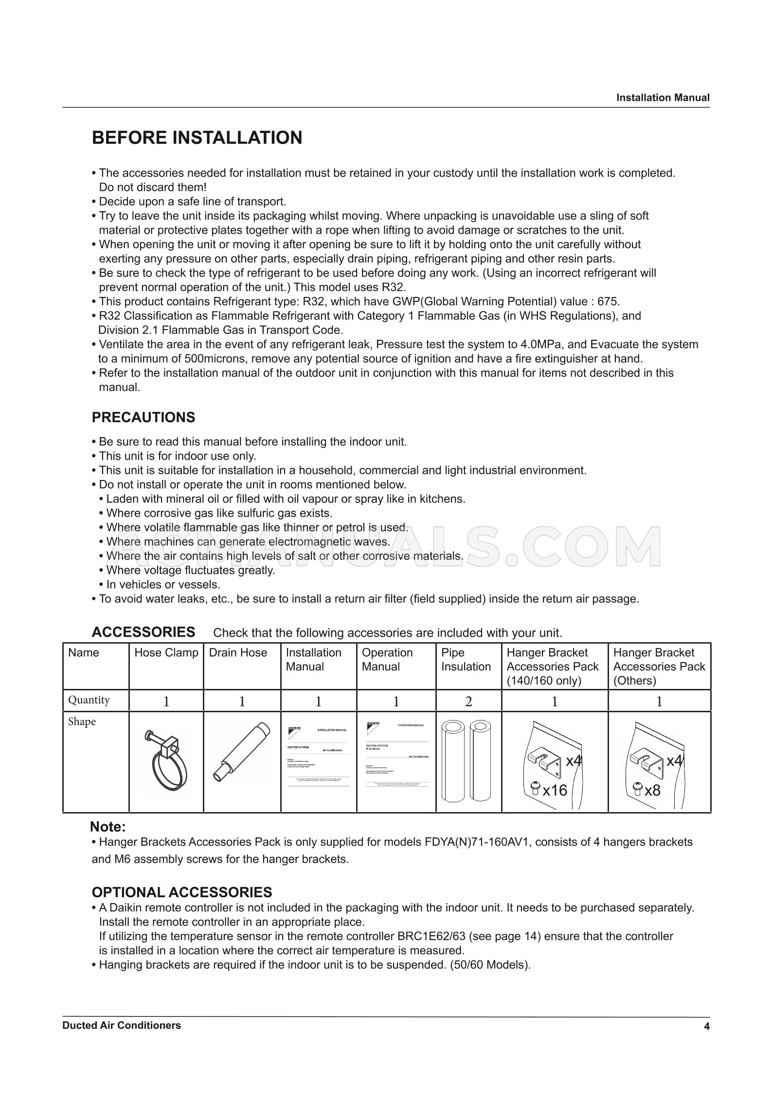 Daikin FDYAN160AV1 Installation Manual