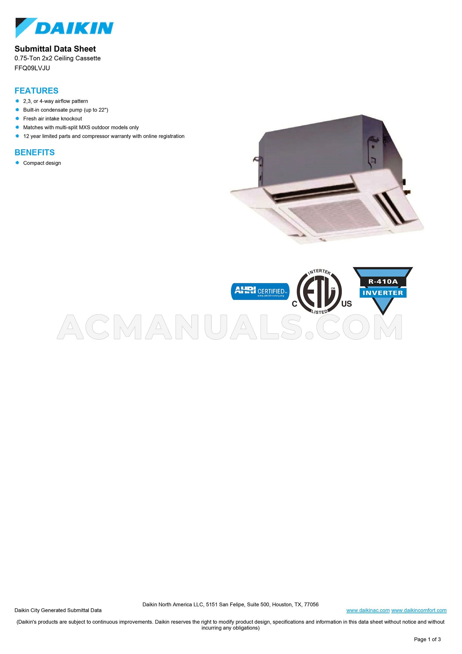 Daikin FFQ09LVJU Spec Sheet