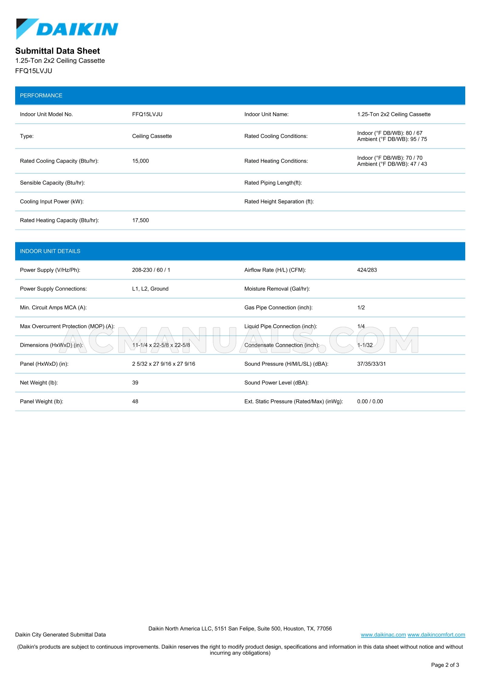 Daikin FFQ15LVJU Spec Sheet