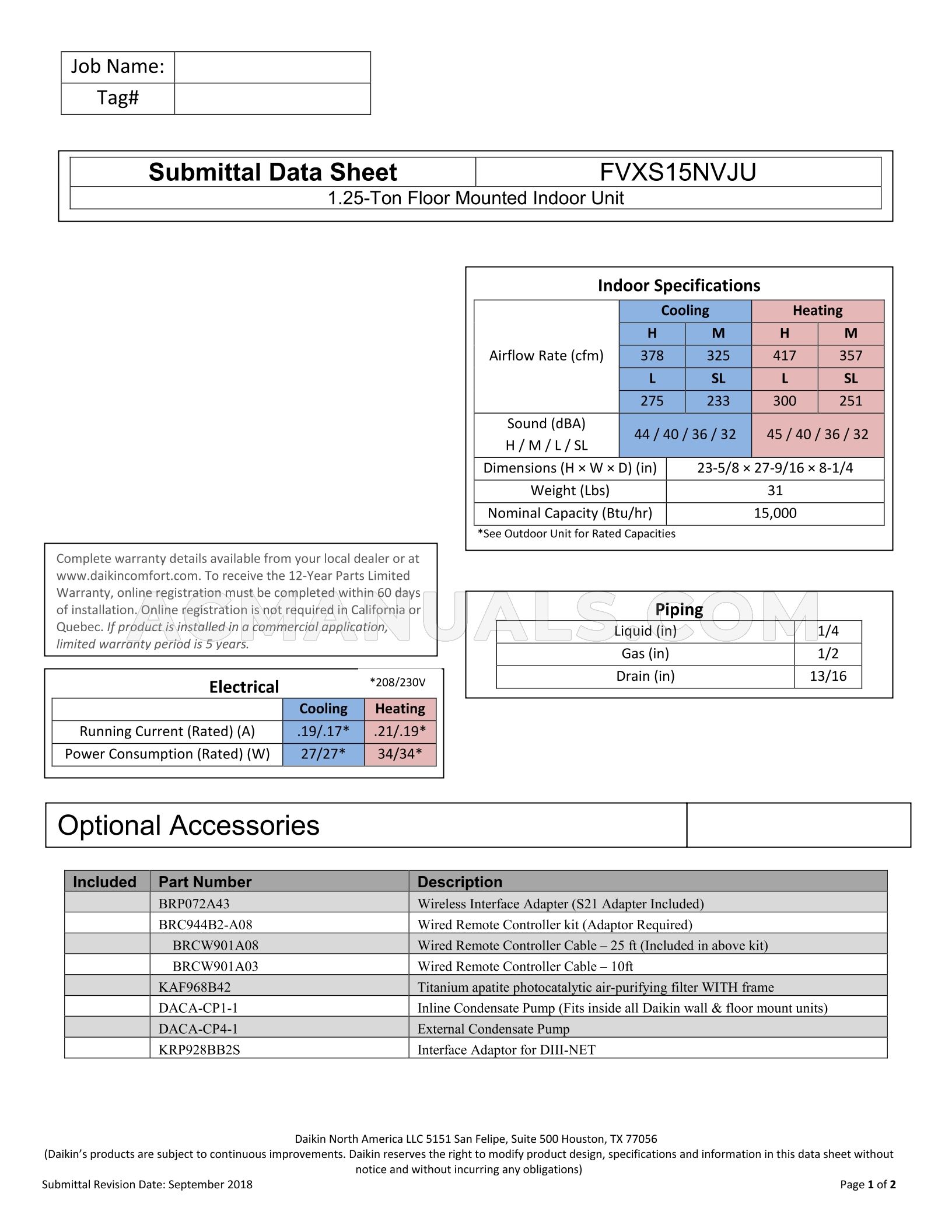 Daikin FVXS15NVJU Spec Sheet