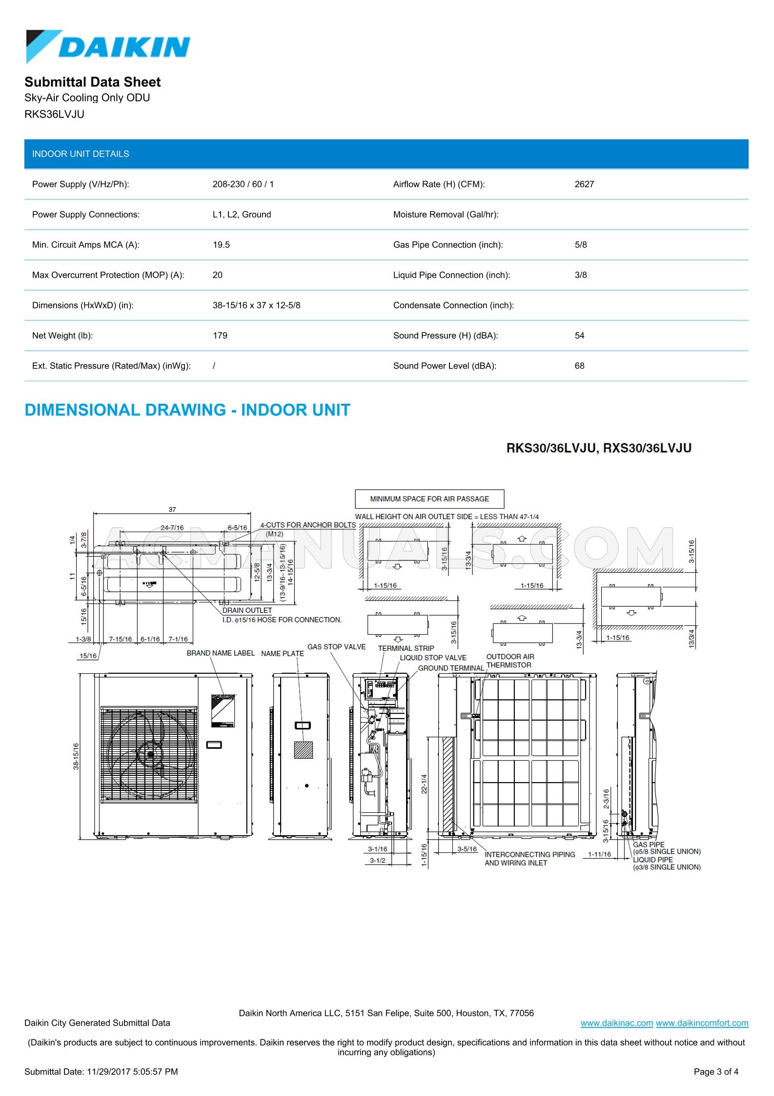 Daikin RKS36LVJU SkyAir Spec Sheet