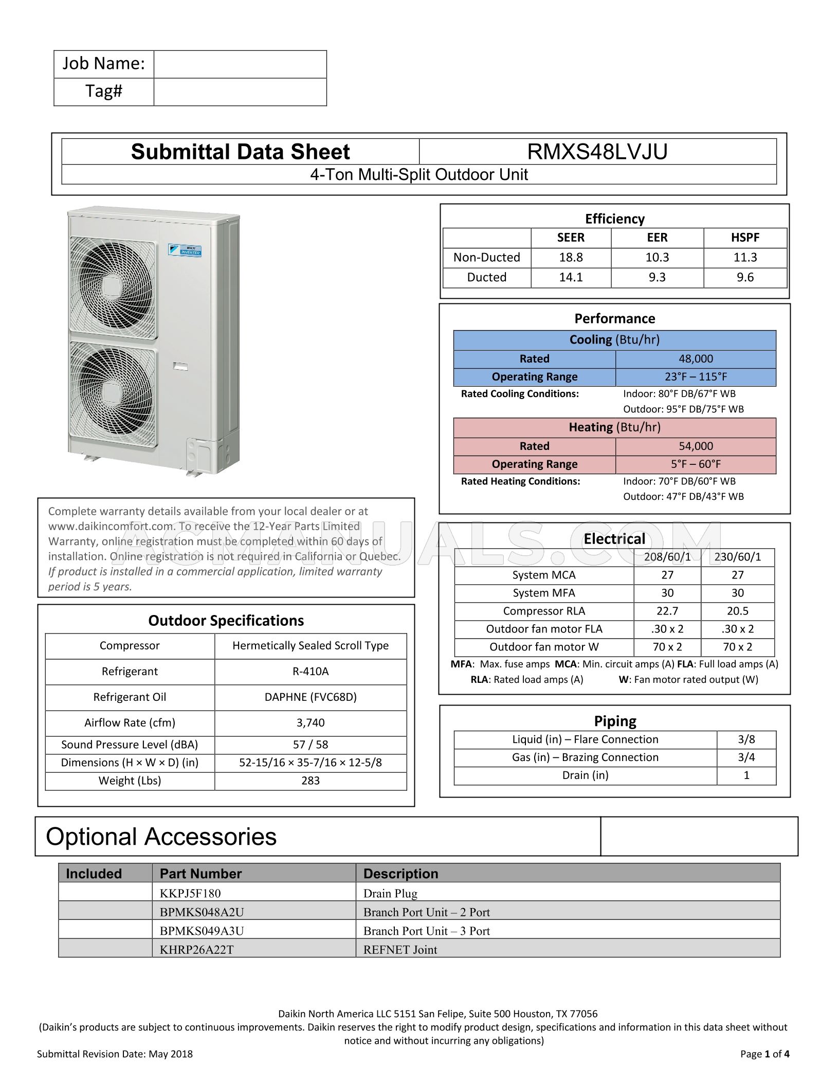Daikin RMXS48LVJU Spec Sheet