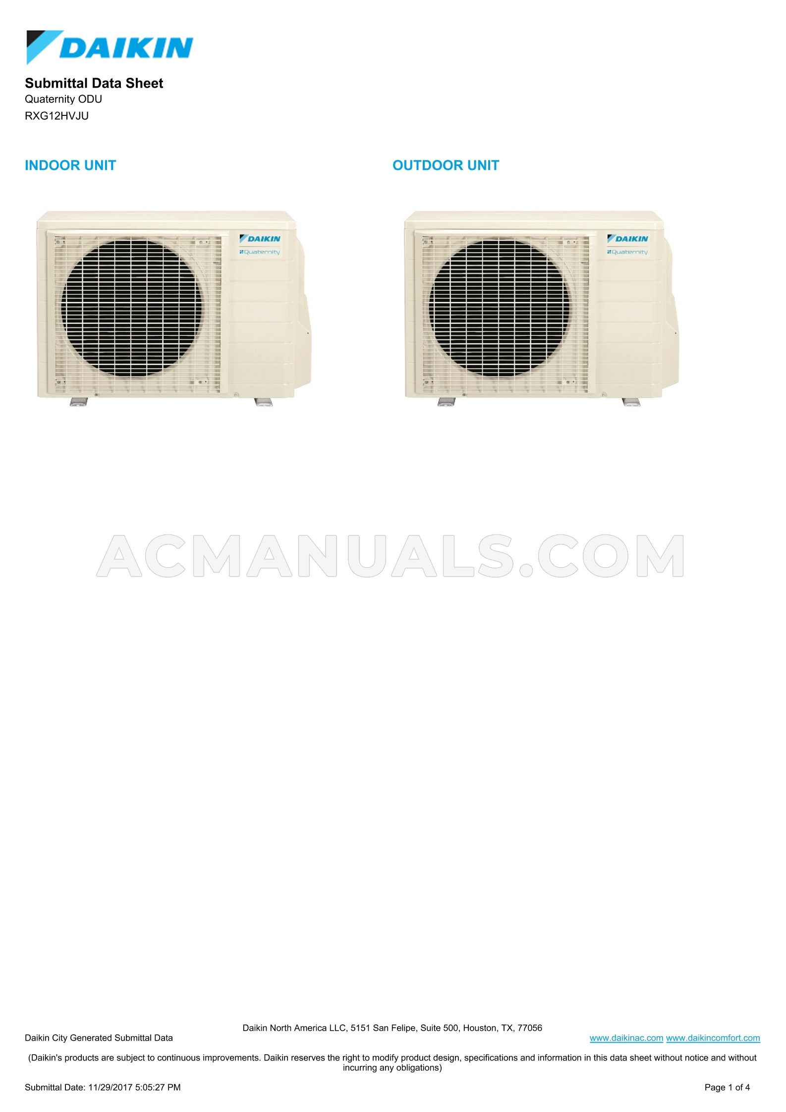 Daikin RXG12HVJU Quaternity Spec Sheet