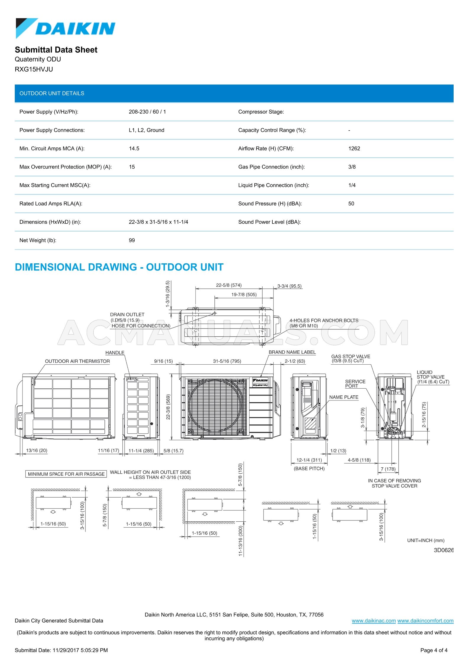 Daikin RXG15HVJU Quaternity Spec Sheet
