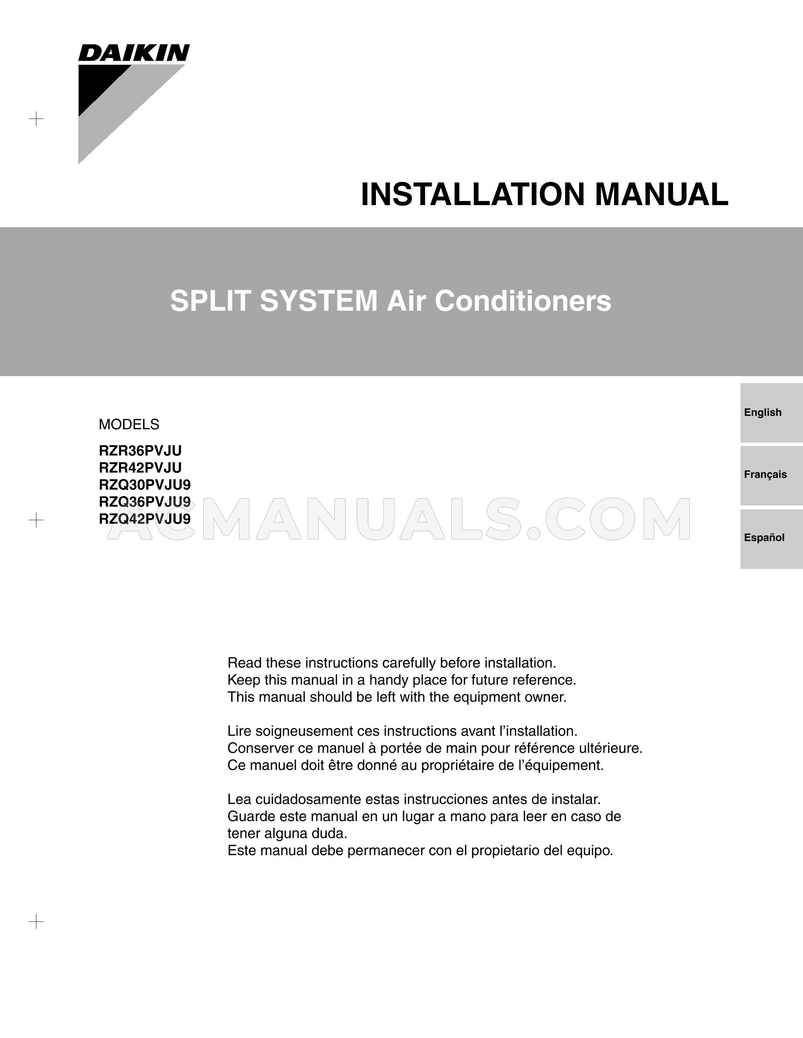 Daikin RZQ24PVJU9 SkyAir Installation Manual
