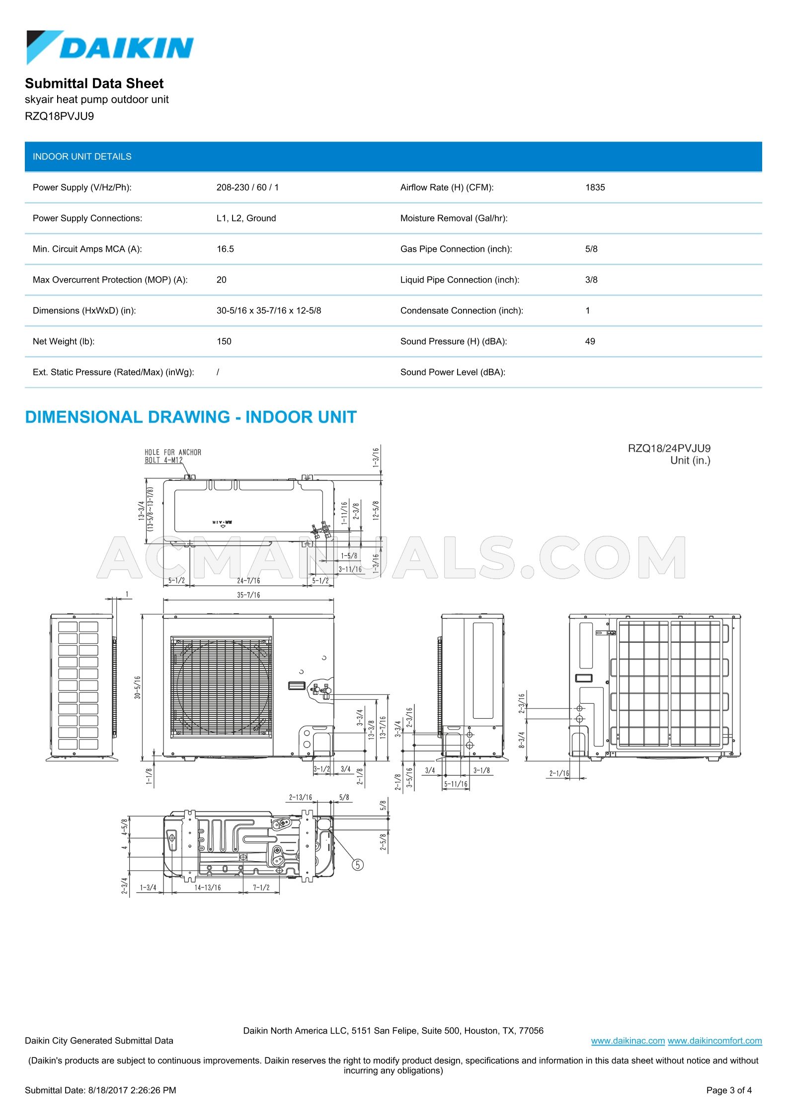 Daikin RZQ18PVJU9 SkyAir Spec Sheet