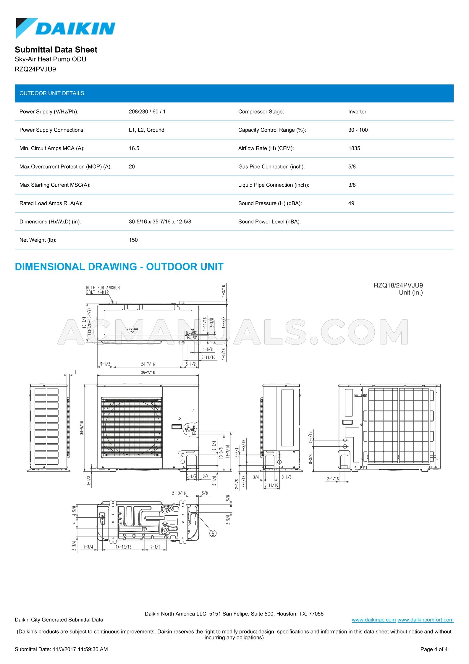 Daikin RZQ24PVJU9 SkyAir Spec Sheet
