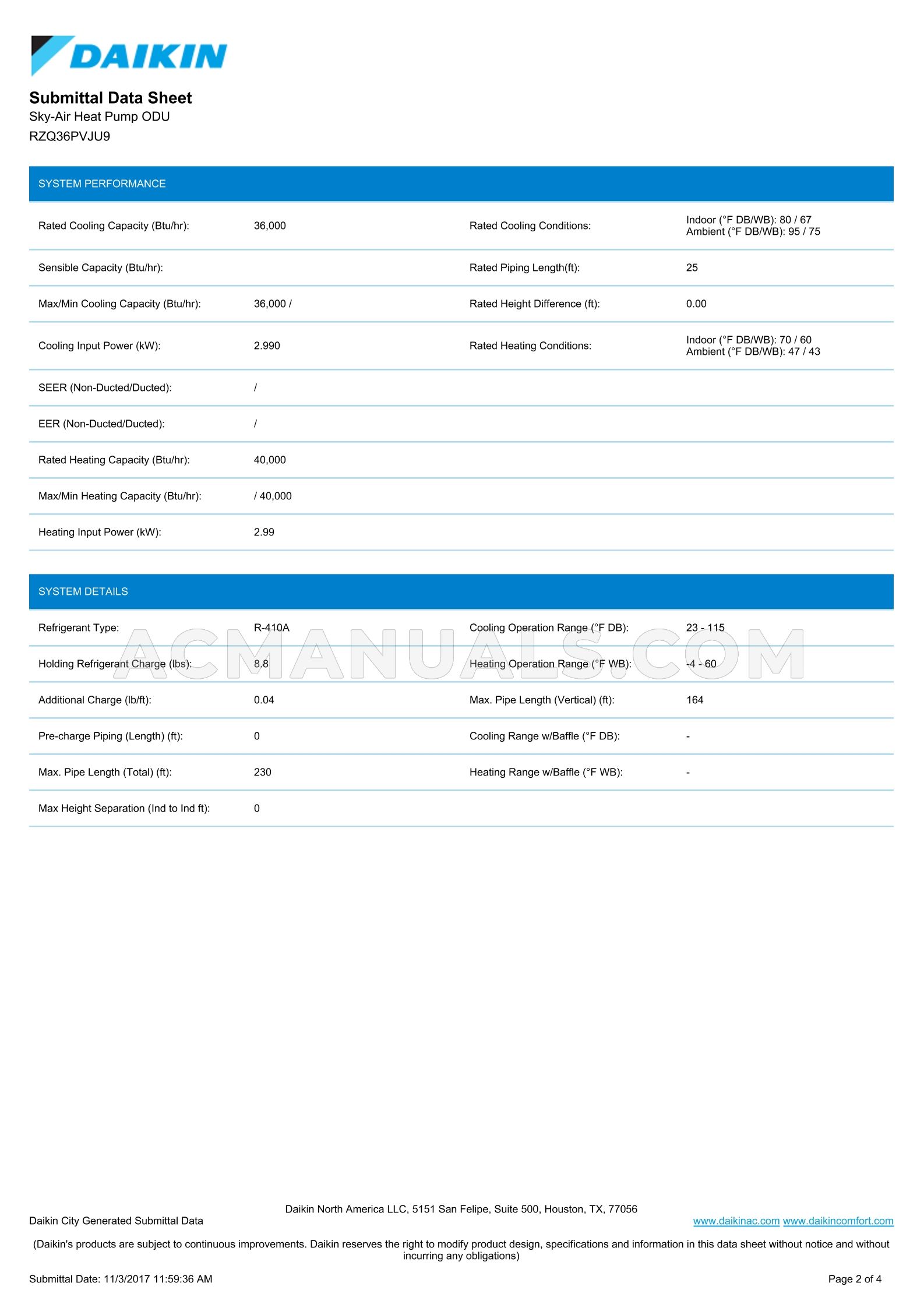 Daikin RZQ36PVJU9 SkyAir Spec Sheet