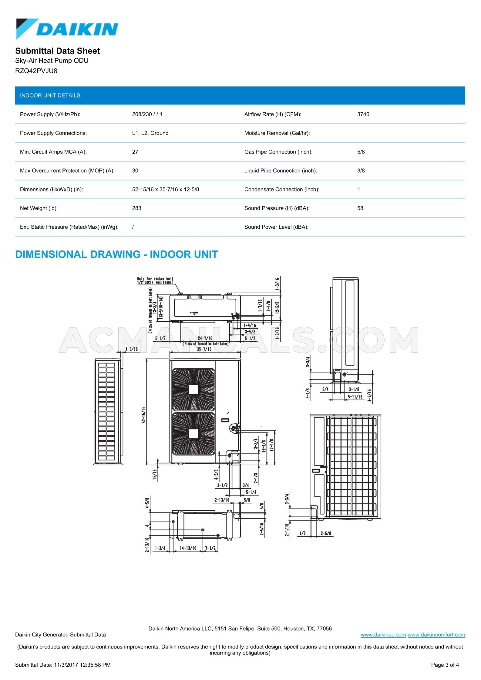 Daikin RZQ42PVJU8 Spec Sheet