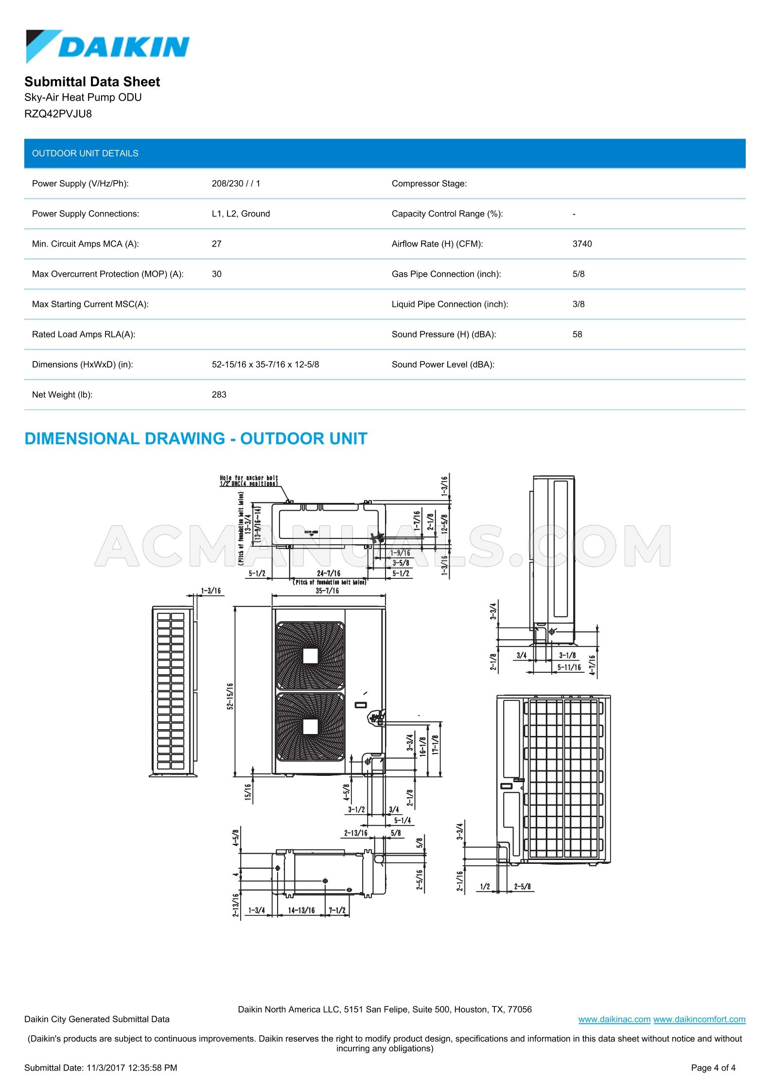 Daikin RZQ42PVJU8 Spec Sheet