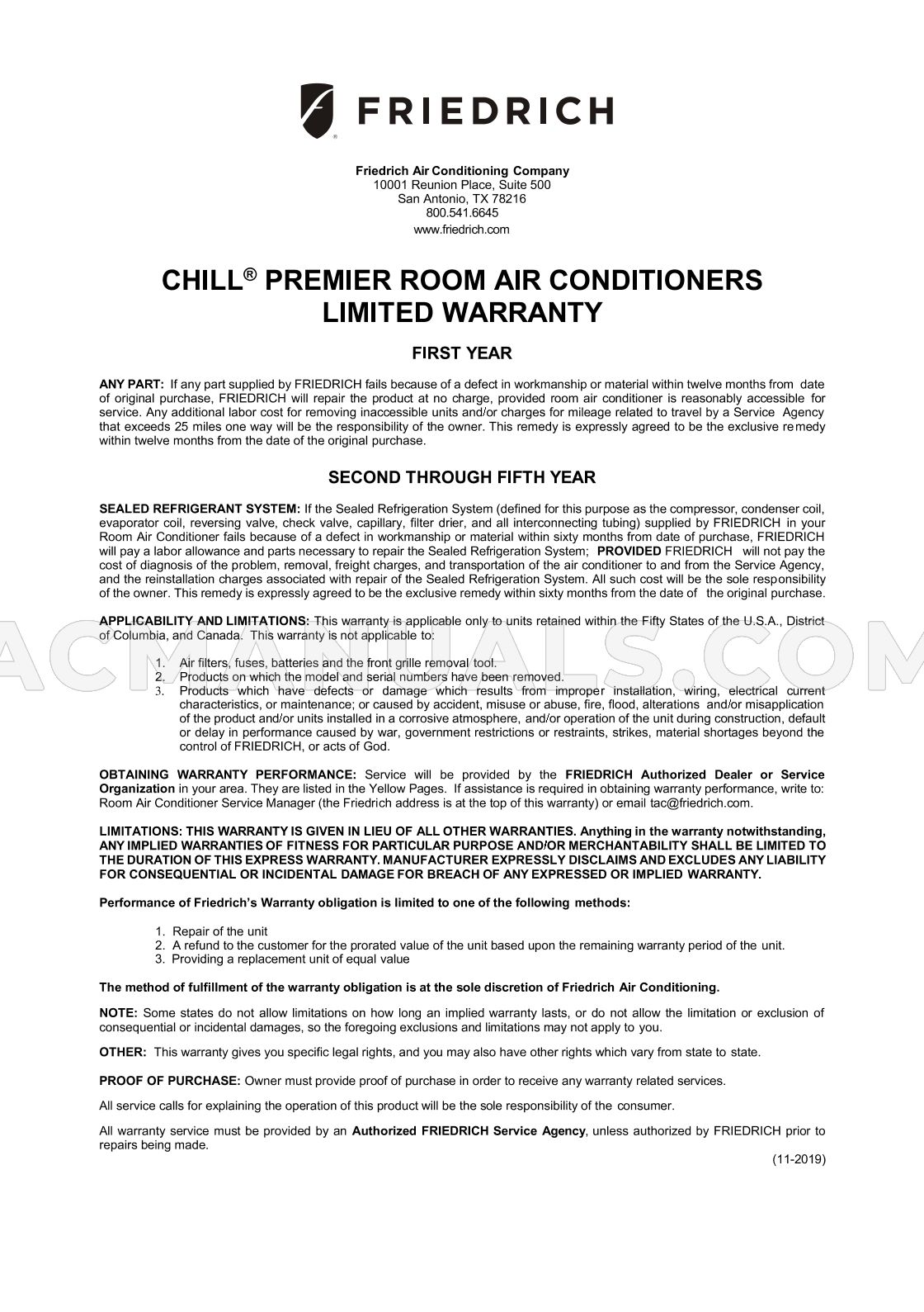 Friedrich CEW12B33A Chill Premier Installation & Operation Manual