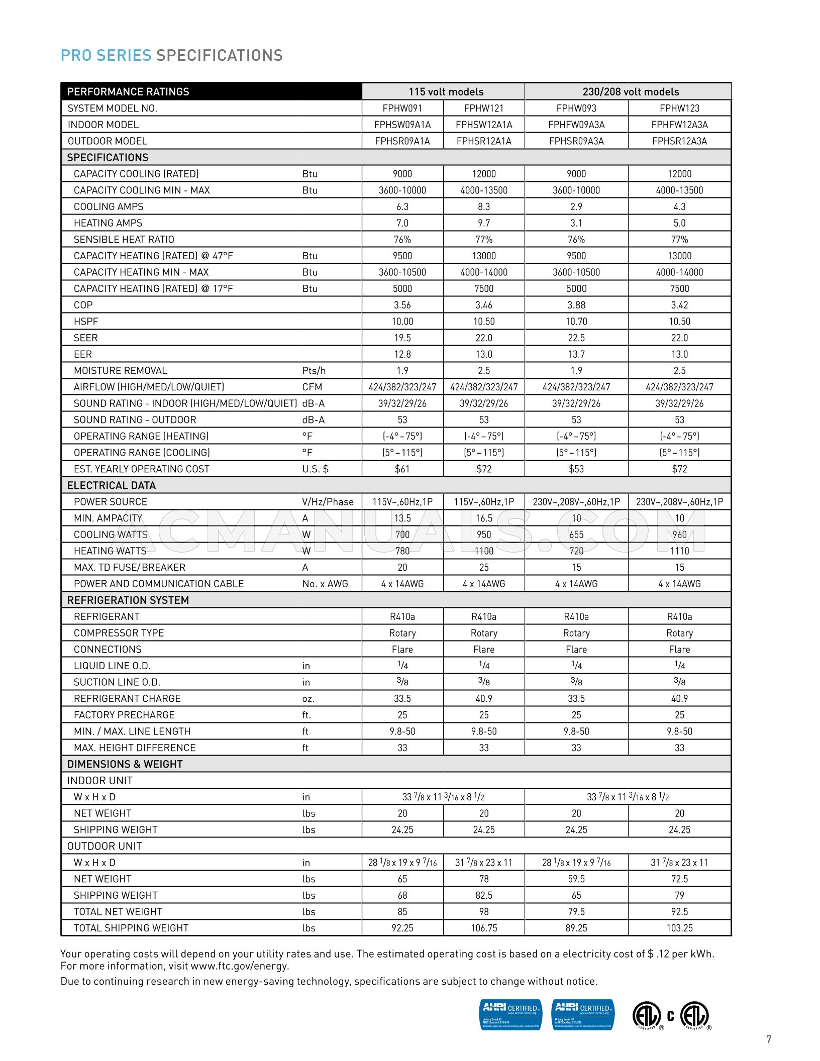 Friedrich FPHSR09A3A Floating Air Pro Specification Sheets