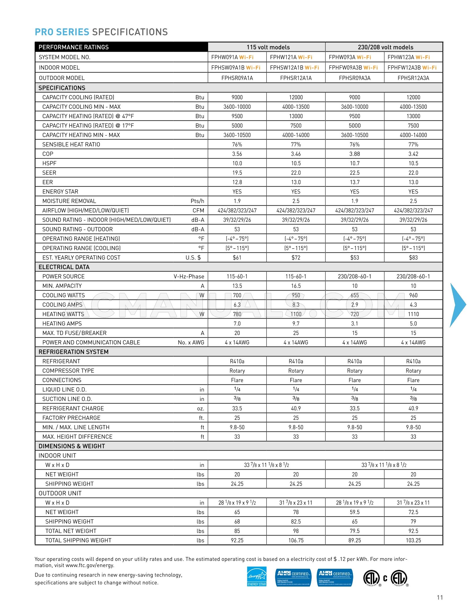 Friedrich FPHSW09A1B Floating Air Pro Spec Sheet
