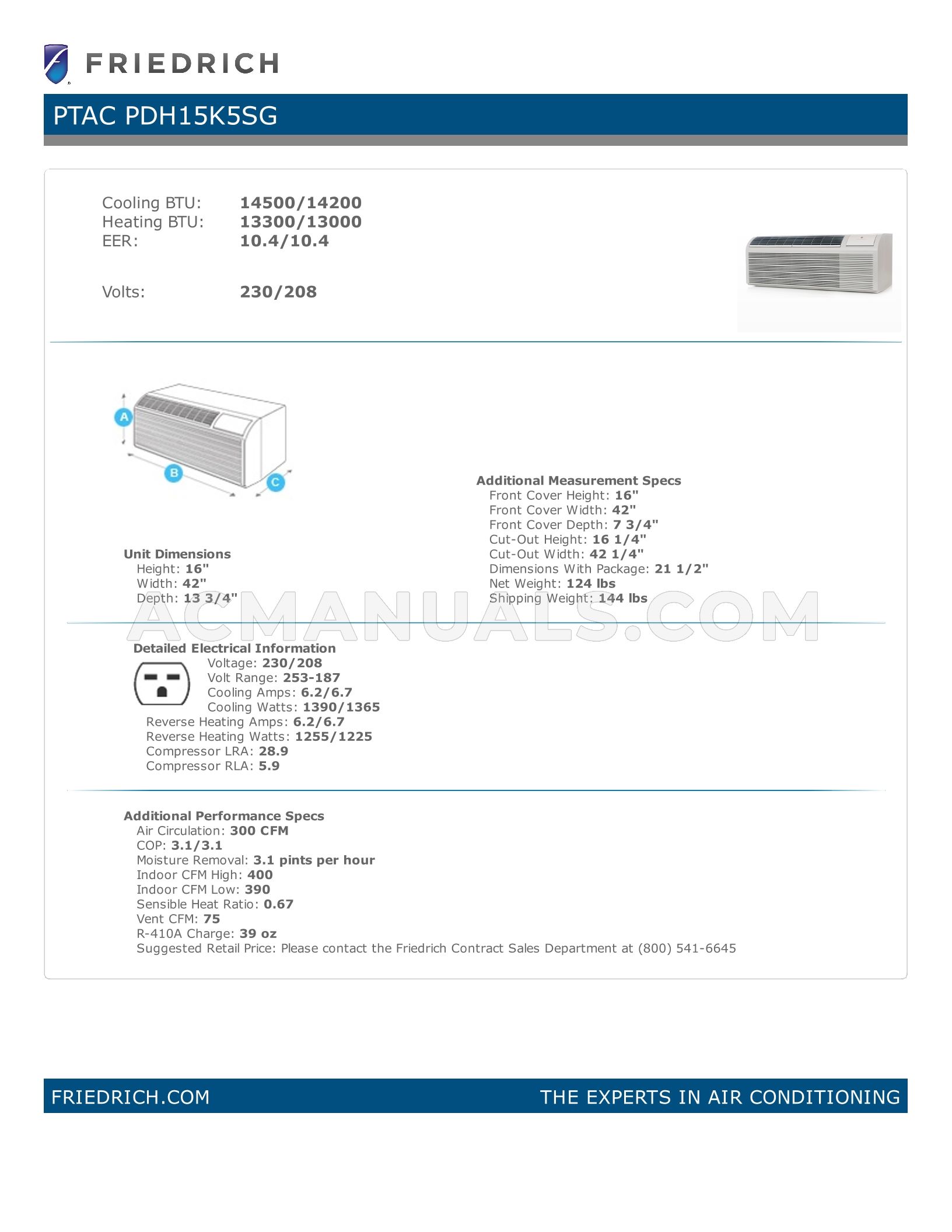 Friedrich PDH15K5SG ZoneAire Premier Specification Sheets