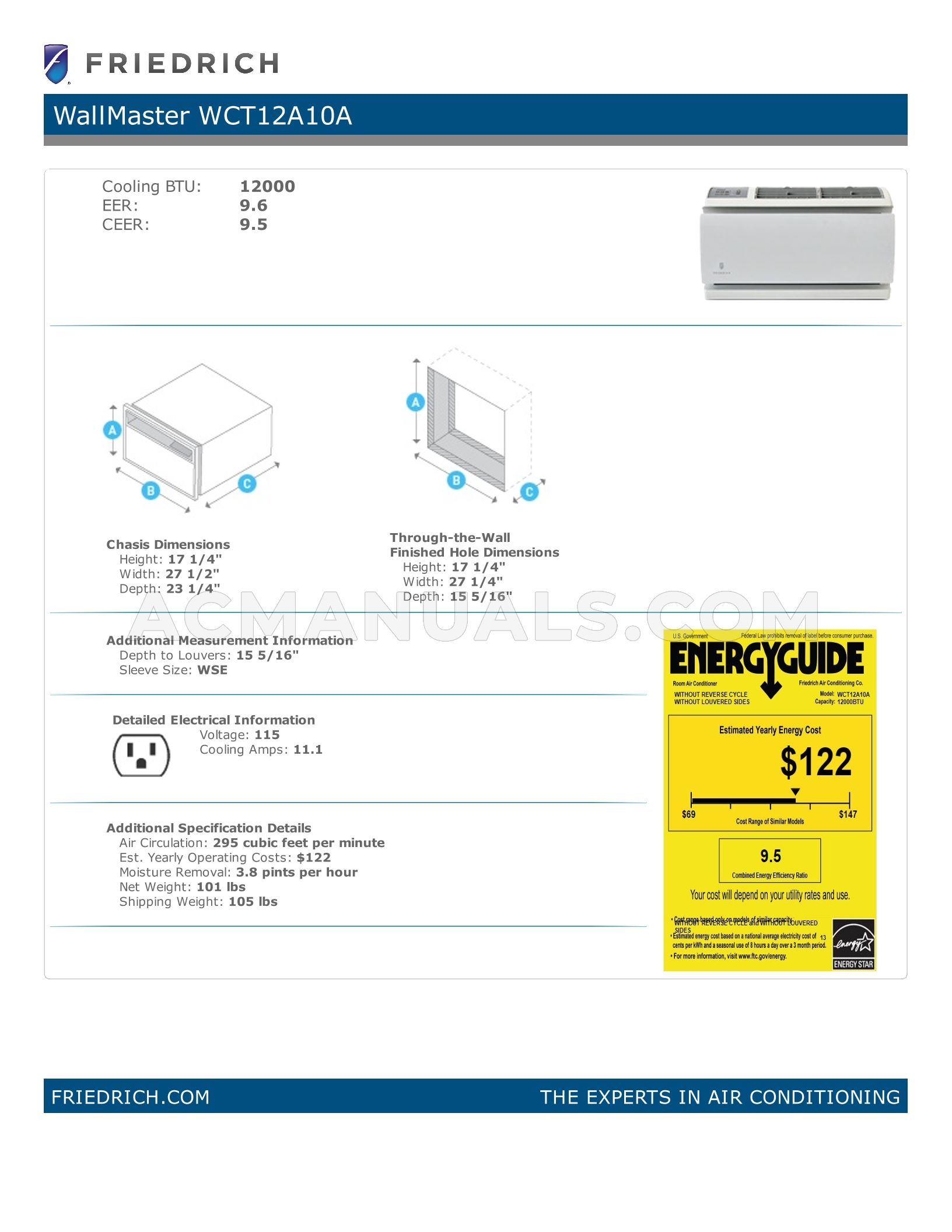 Friedrich WCT12A10A WallMaster Specification Sheets