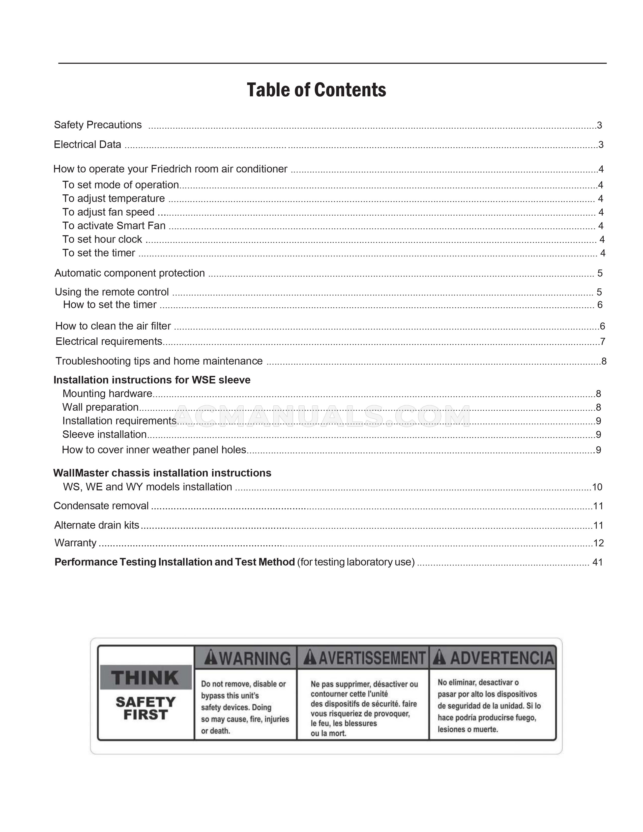 Friedrich WS10D30A WallMaster WallMaster Installation and Operation Manual