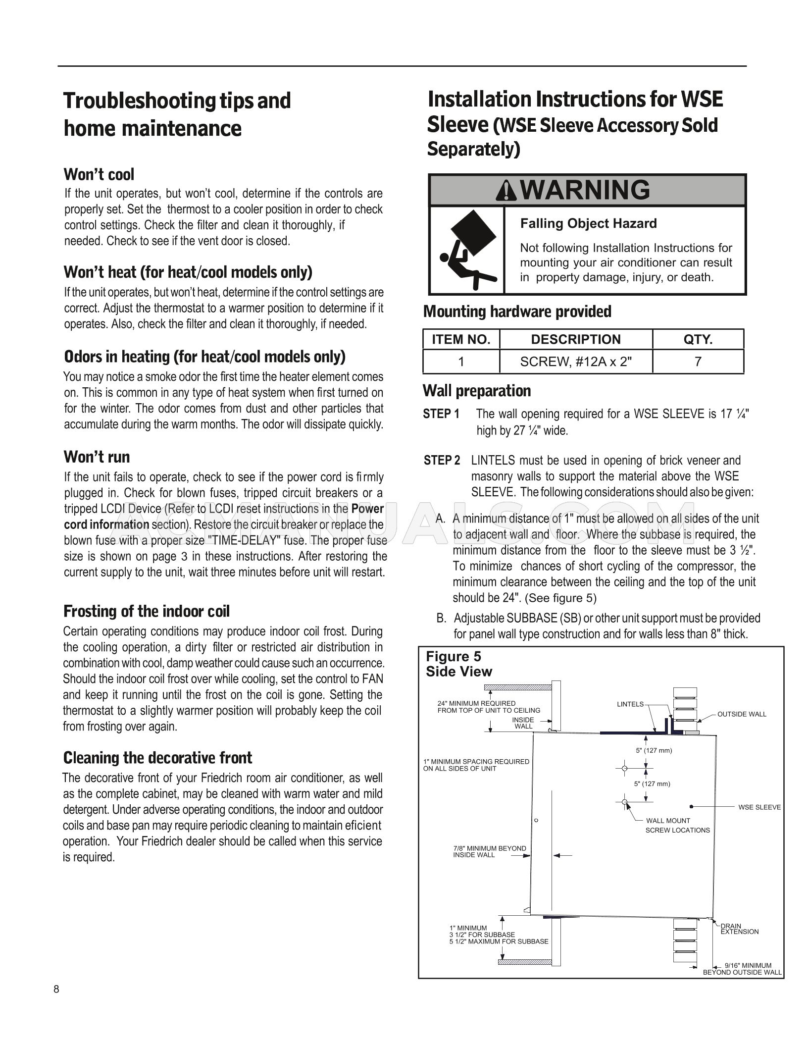 Friedrich WS12D10A WallMaster Installation and Operation Manual