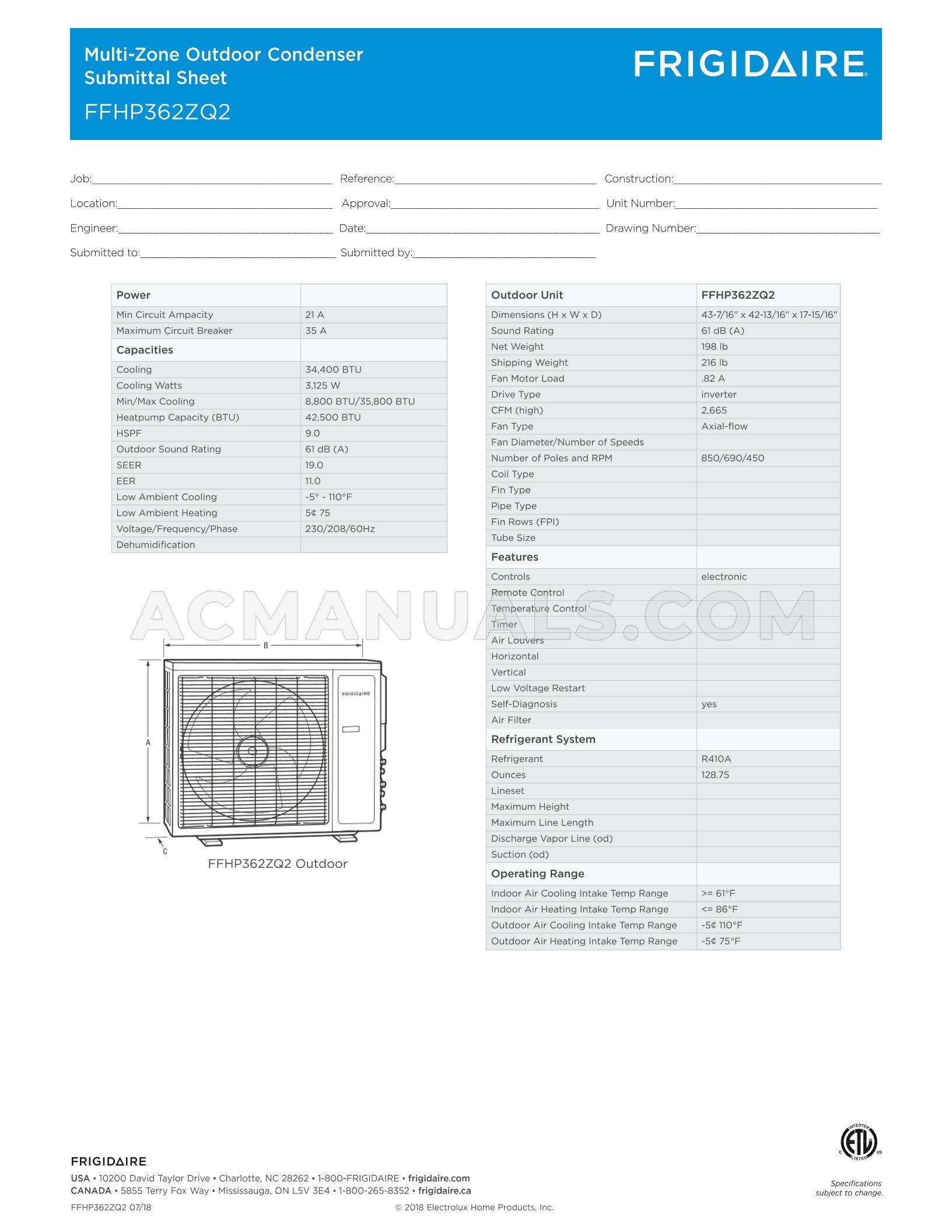 Frigidaire FFHP362ZQ2 Specification Sheet