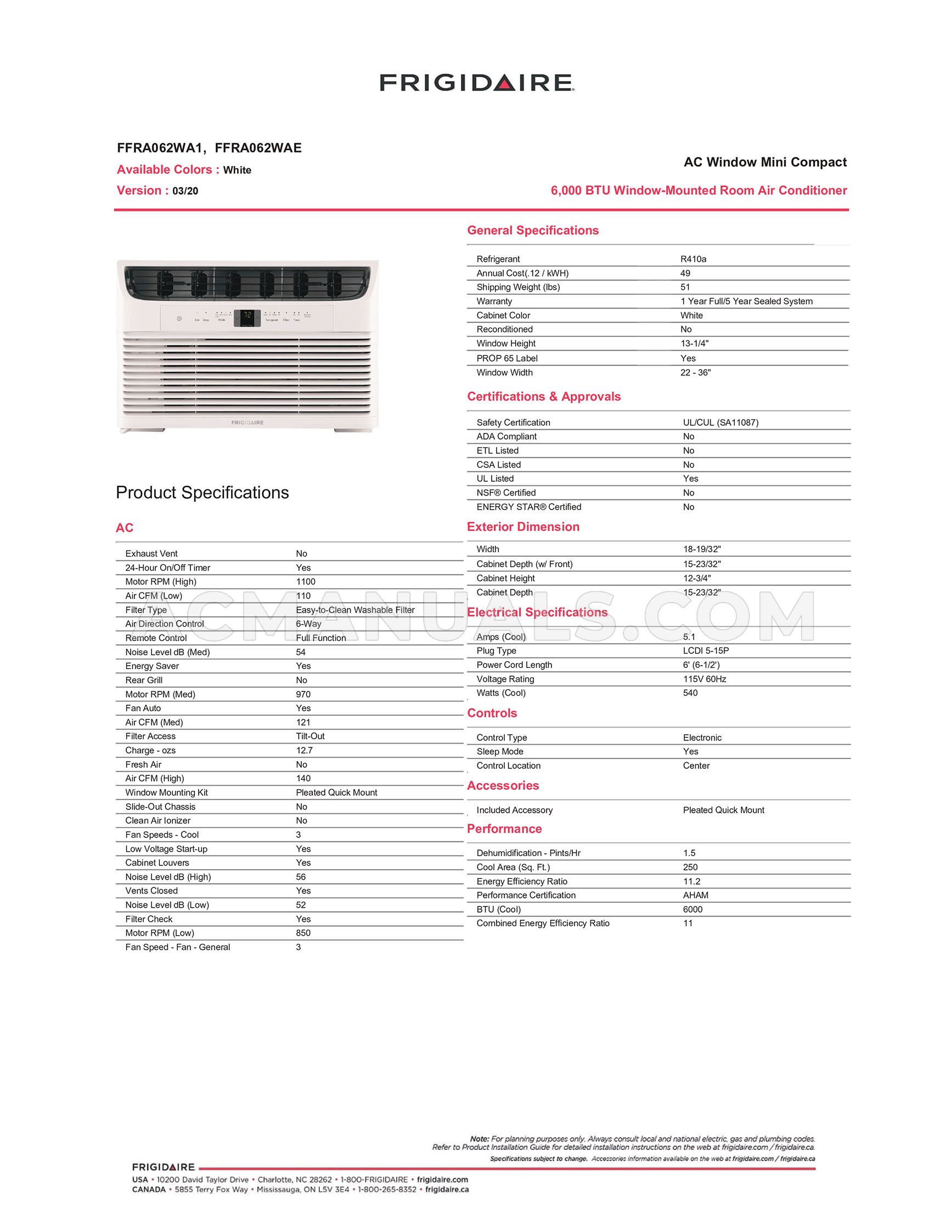 Frigidaire FFRA062WAE Specification Sheet
