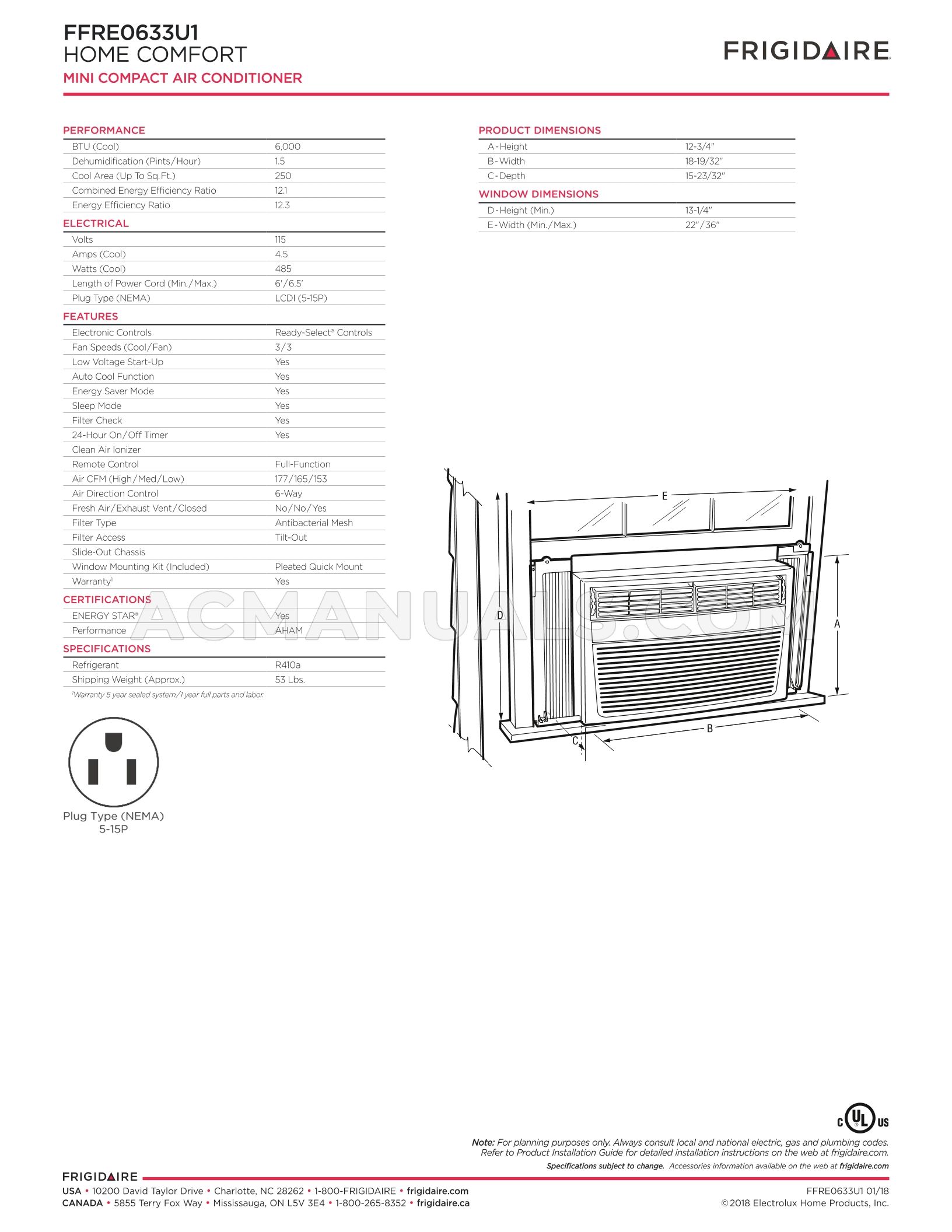 Frigidaire FFRE0633U1 Product Specifications Sheet